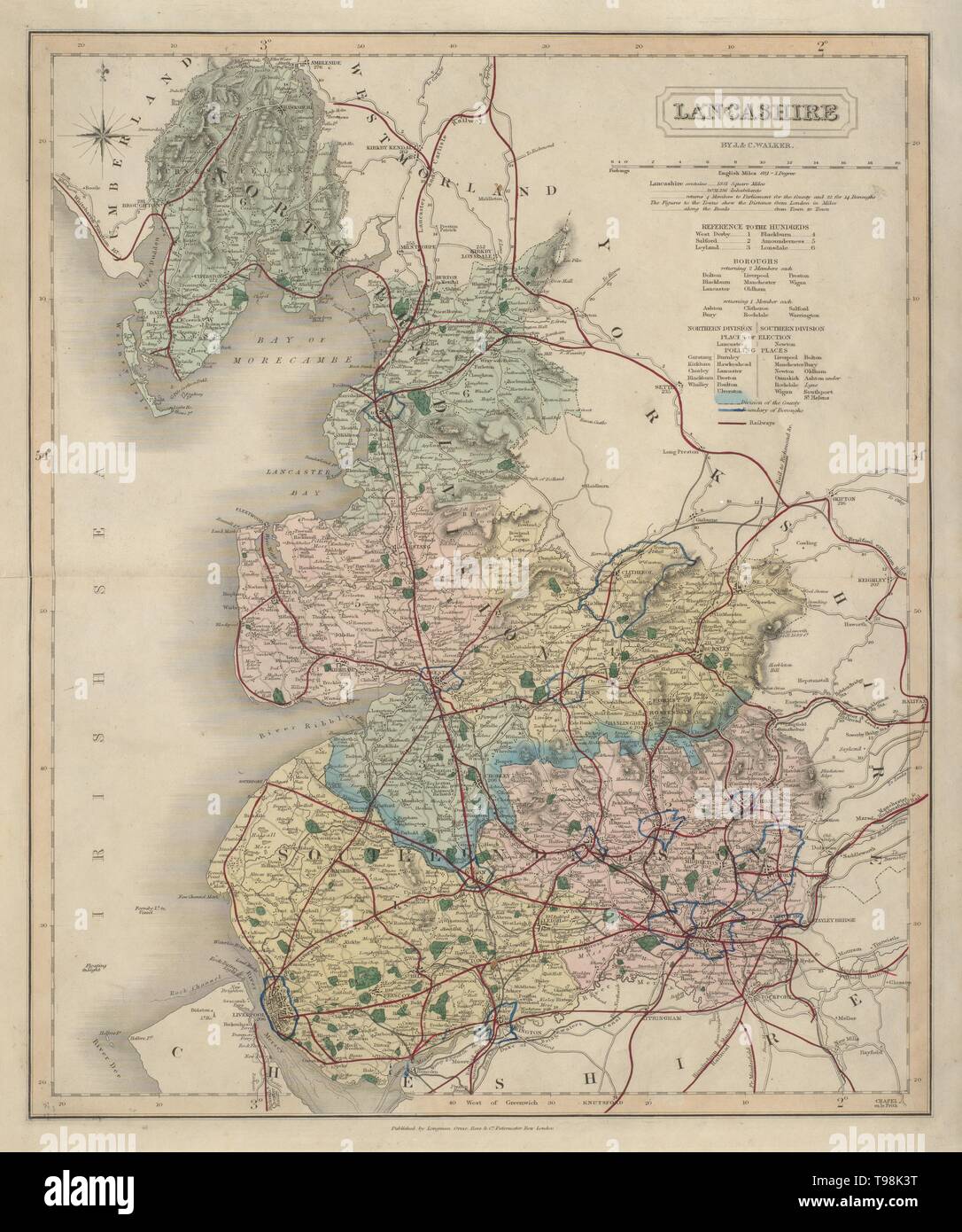 Lancashire antique county map by J & C Walker. Railways & boroughs 1868 ...