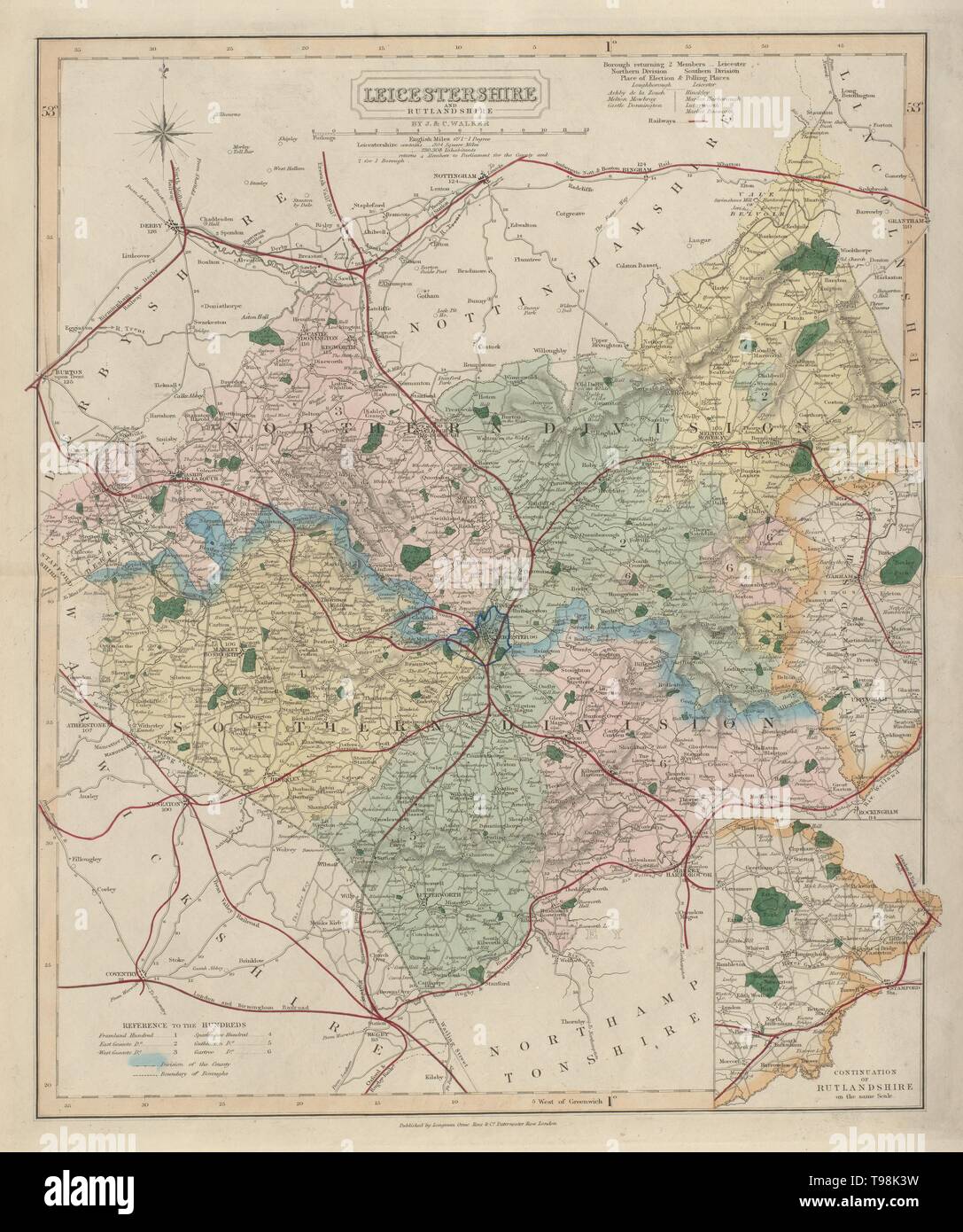 Leicestershire antique county map by J & C Walker. Railways & boroughs ...