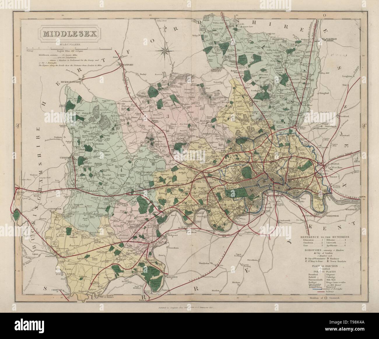 Middlesex antique county map by J & C Walker. Railways & boroughs 1868 ...