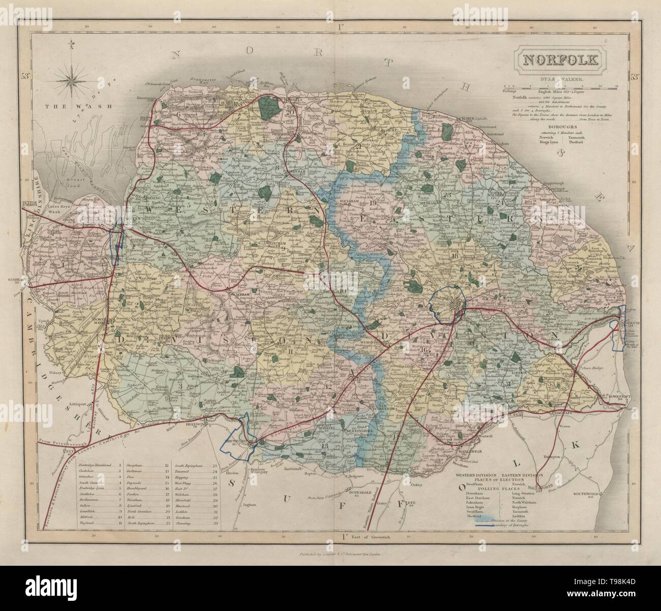 Norfolk antique county map by J & C Walker. Railways & boroughs 1868 ...