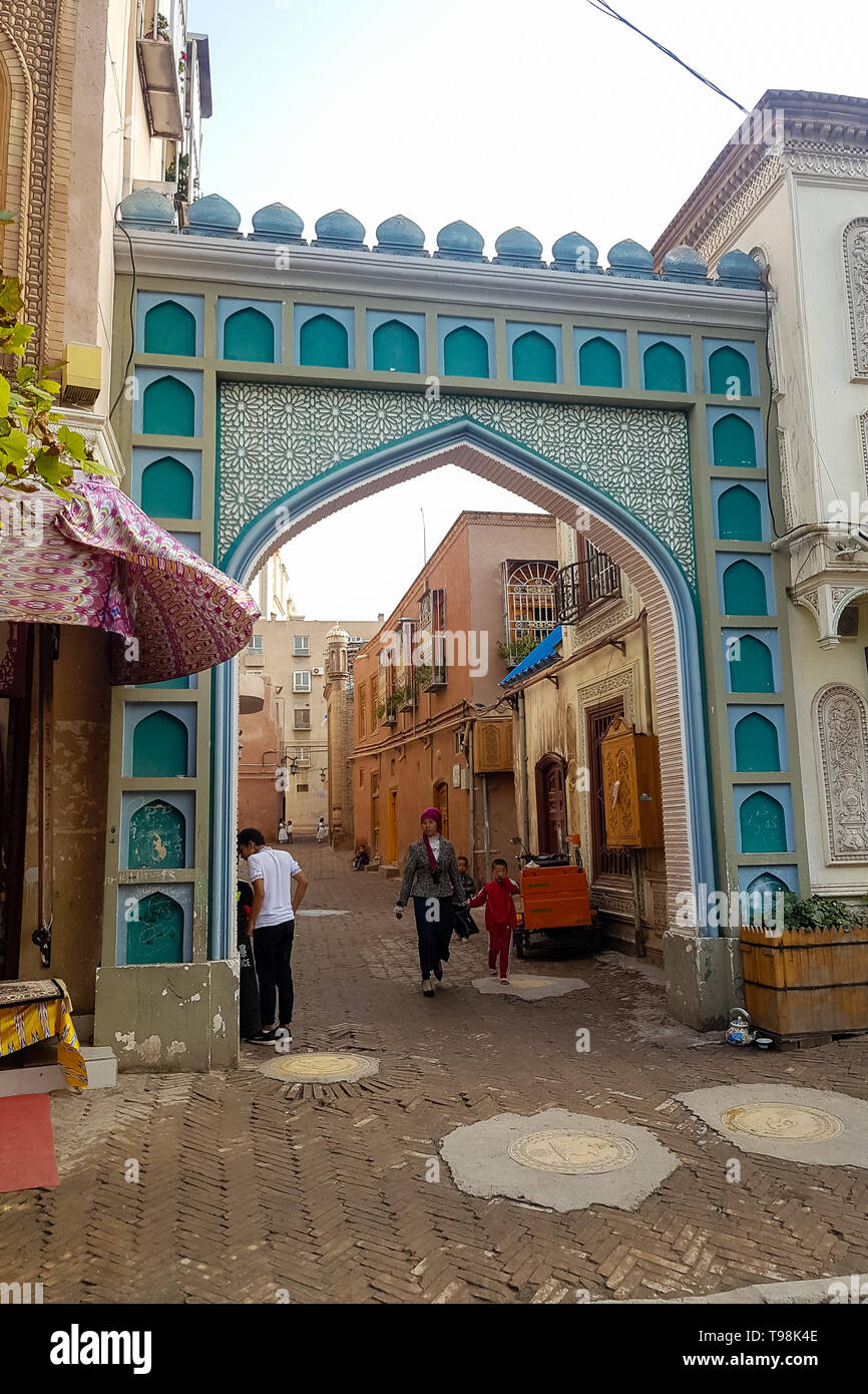 Aug 2017, Kashgar, Xinjinag, China: arabic style decorated archway in ...