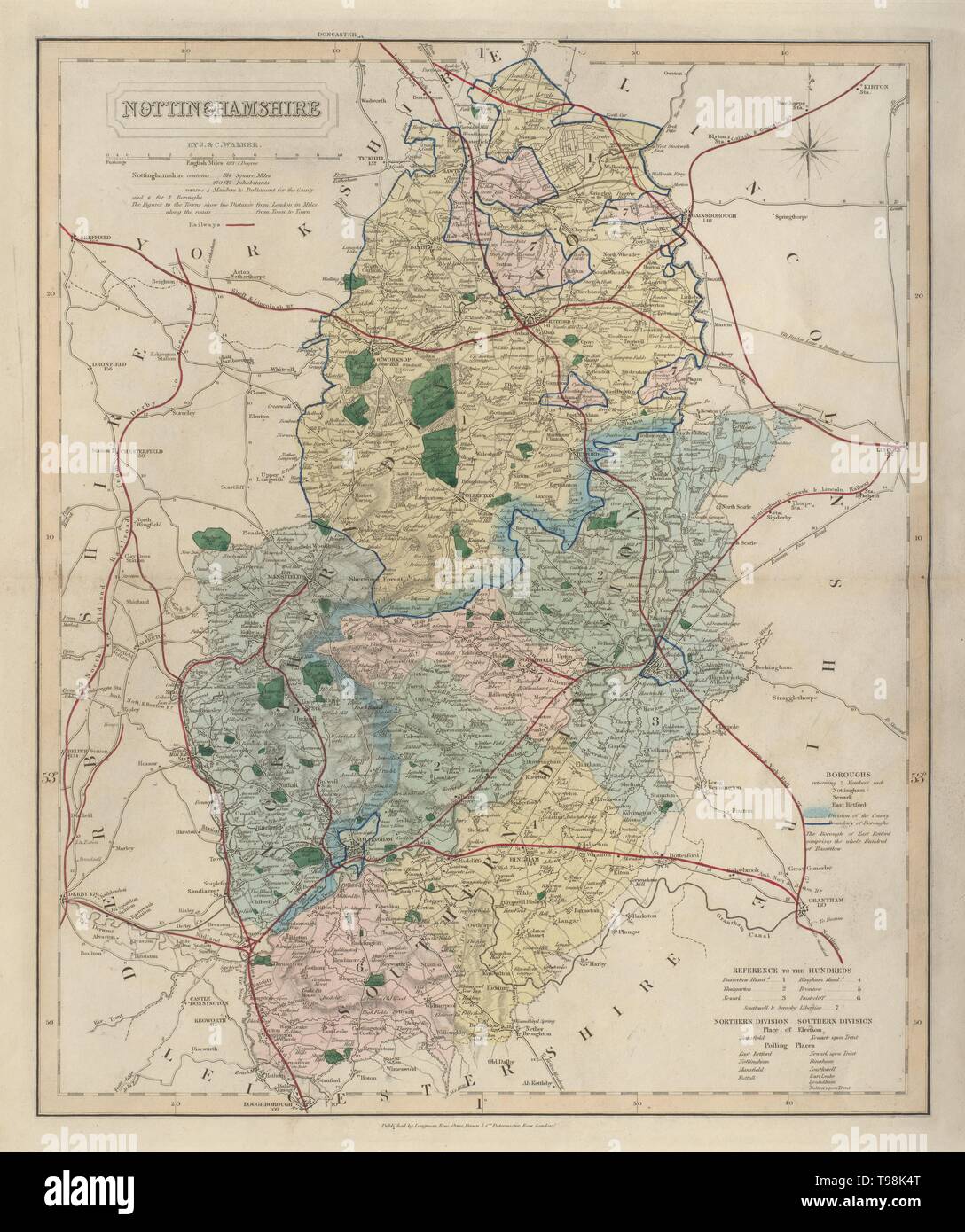 Nottinghamshire antique county map by J & C Walker. Railways & boroughs ...