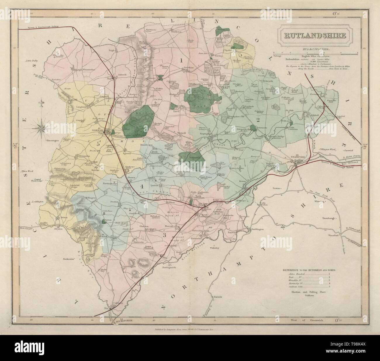 Rutlandshire antique county map by J & C Walker. Railways & boroughs ...