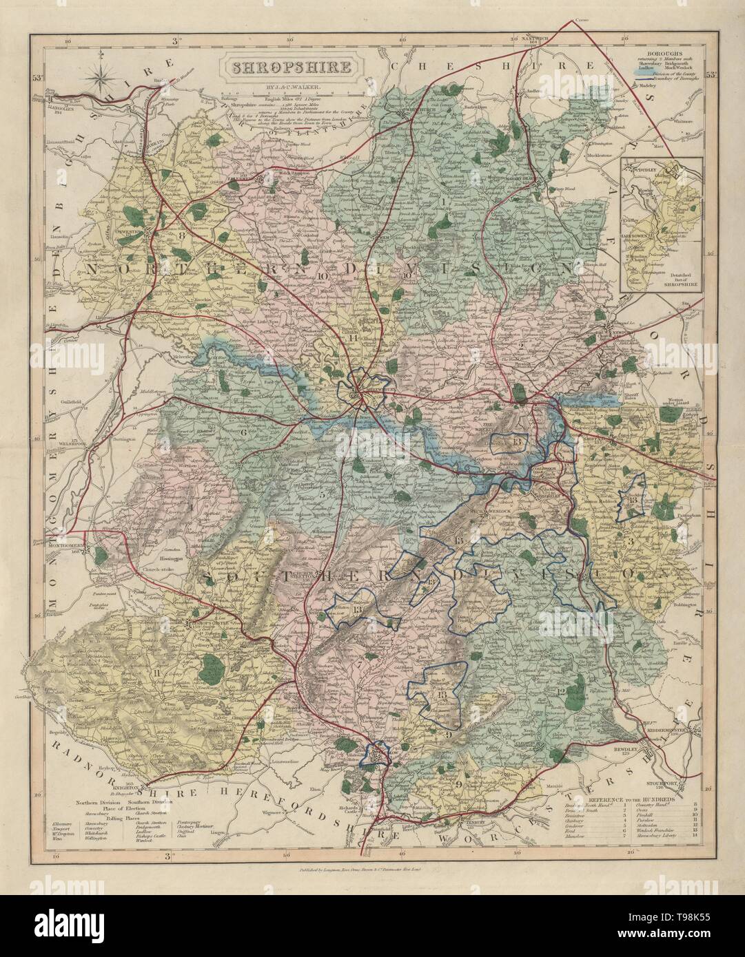 Shropshire antique county map by J & C Walker. Railways & boroughs 1868 ...