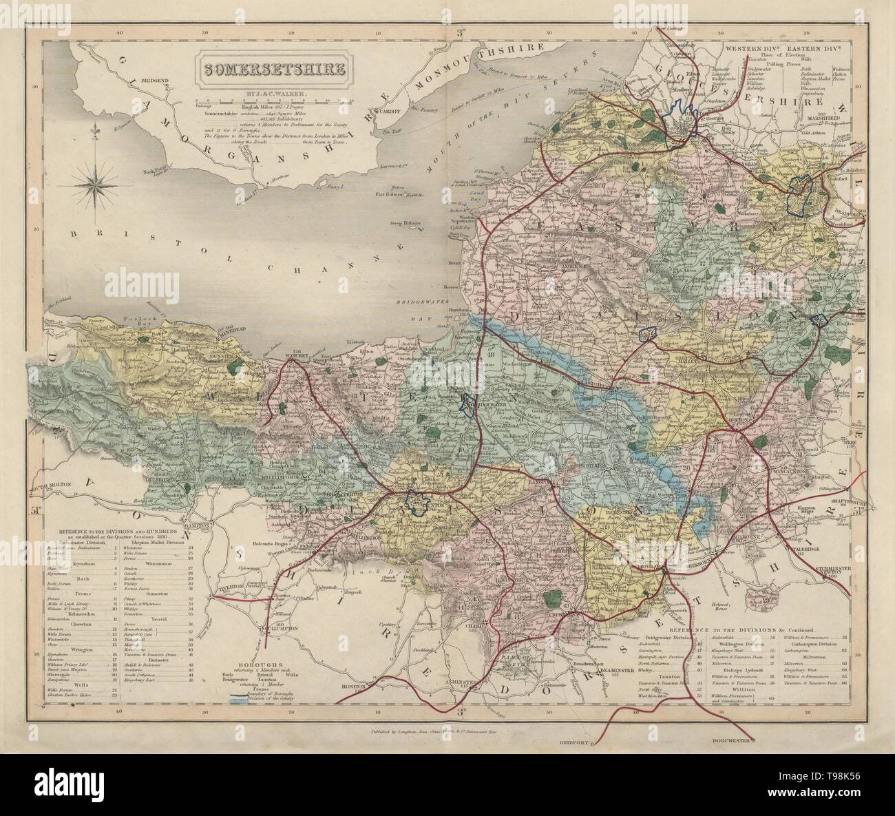 Somersetshire antique county map by J & C Walker. Railways & boroughs ...