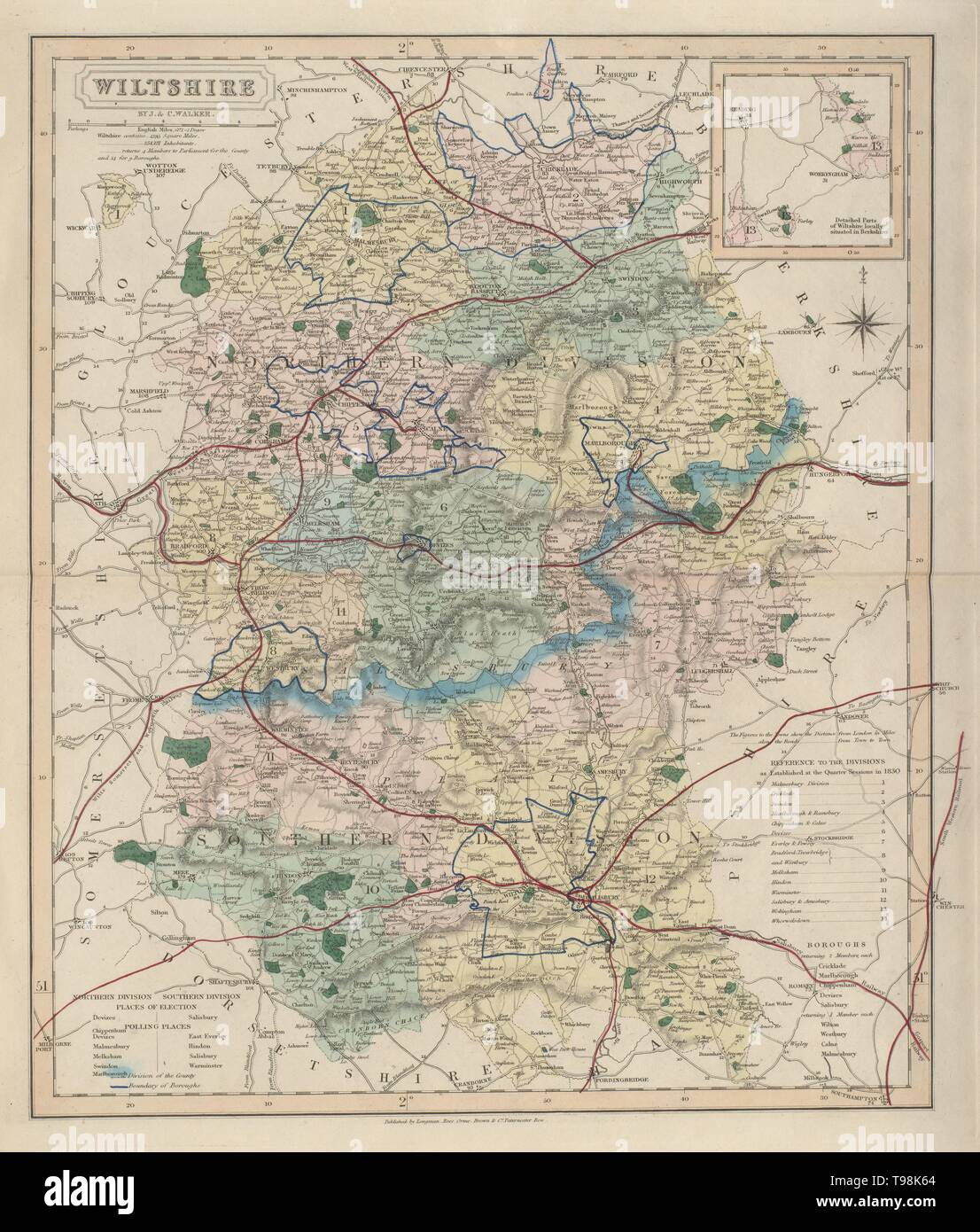 Wiltshire antique county map by J & C Walker. Railways & boroughs 1868 ...