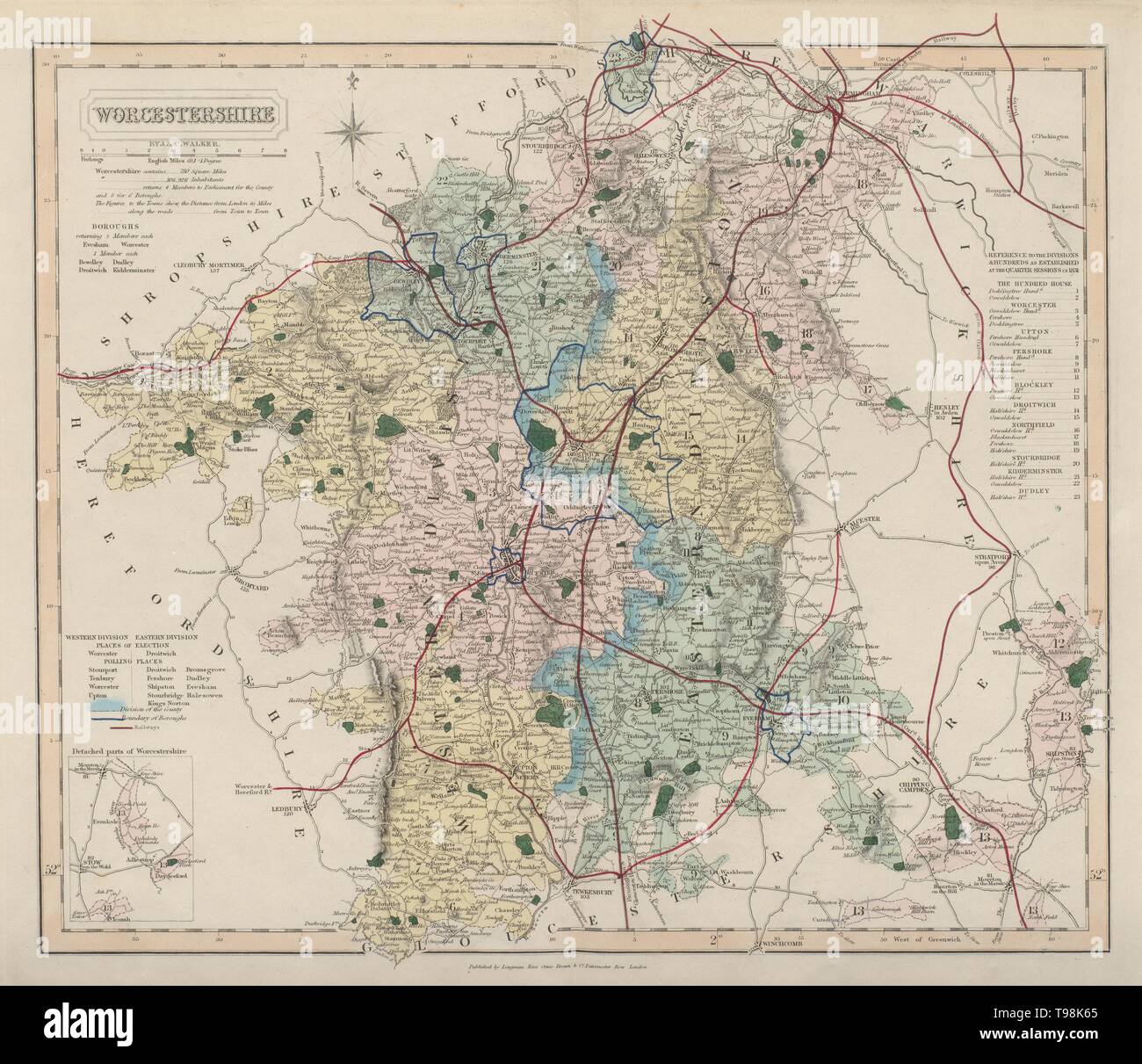 Worcestershire antique county map by J & C Walker. Railways & boroughs ...