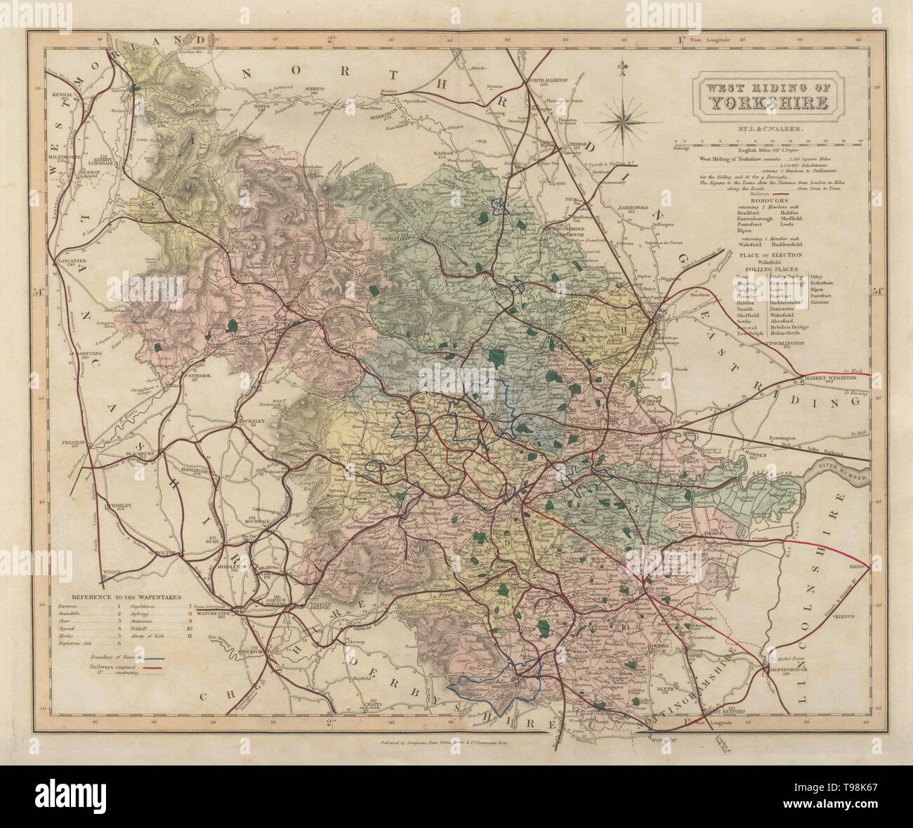 West Riding of Yorkshire antique county map by J & C Walker. Railways ...