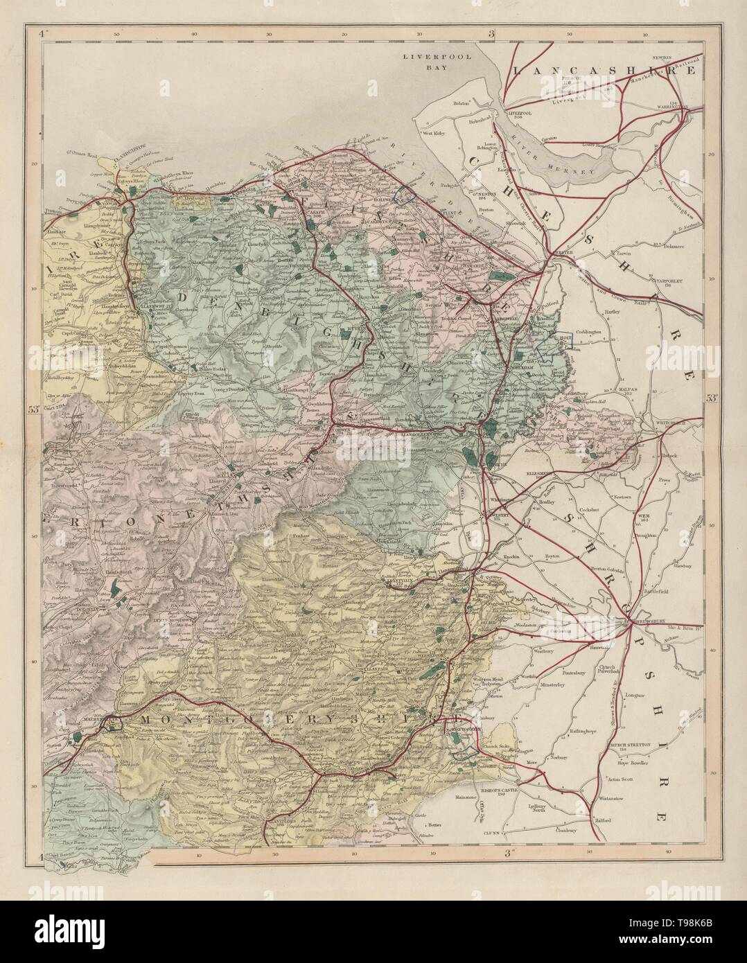 Denbigh Flint Merioneth Montgomeryshire antique map. WALKER. Railways ...