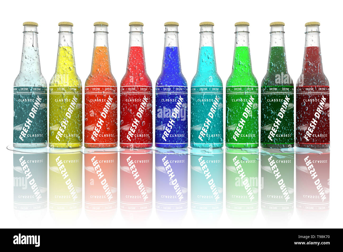 3D illustration. Colored bottles soft drinks on a white background ...