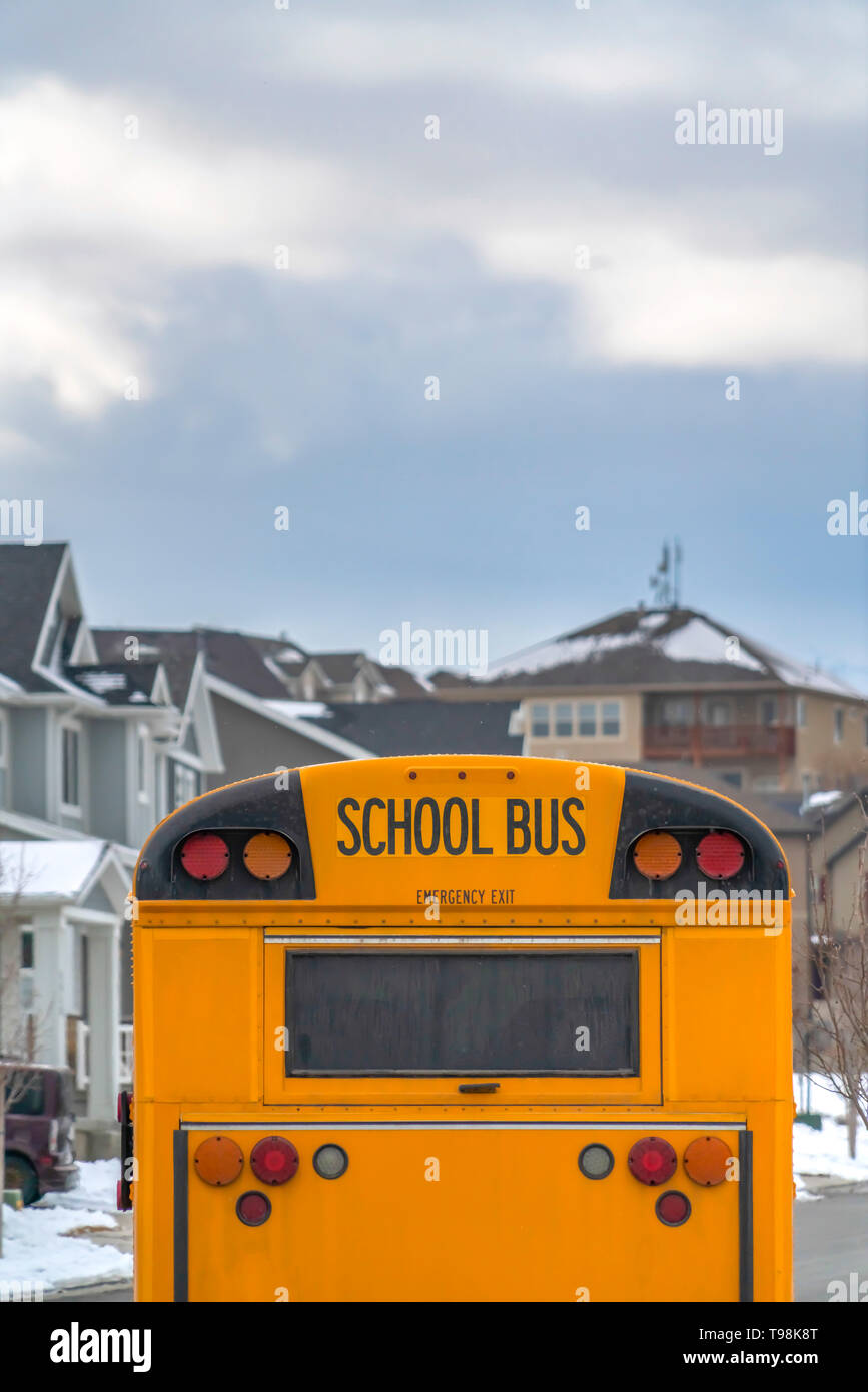Yellow school bus with rectangular window and several signal lights at ...