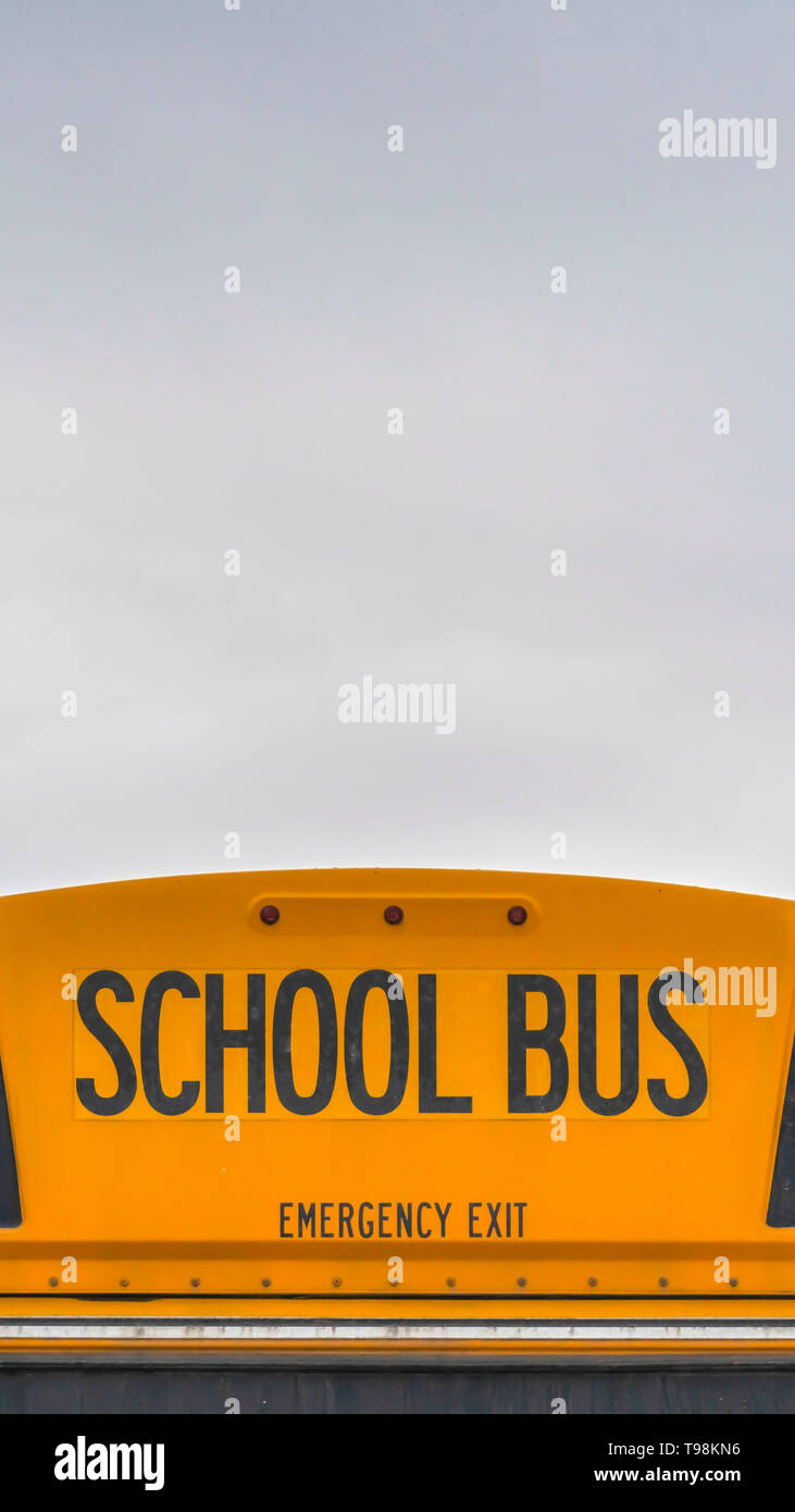Vertical Rear of a yellow school bus with signal lights and emergency ...
