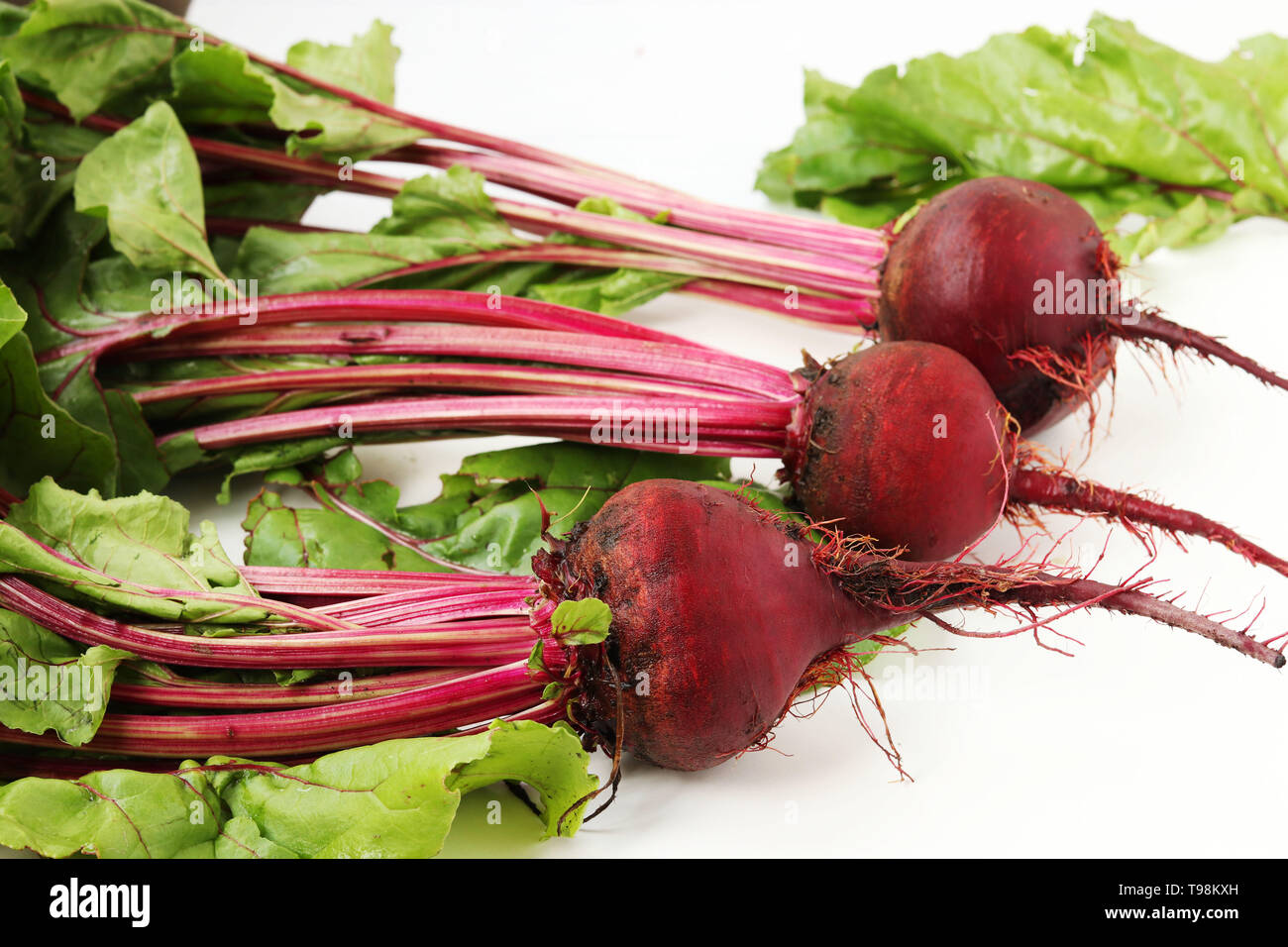 Young beet with a tops is placed on a white background, View from above ...