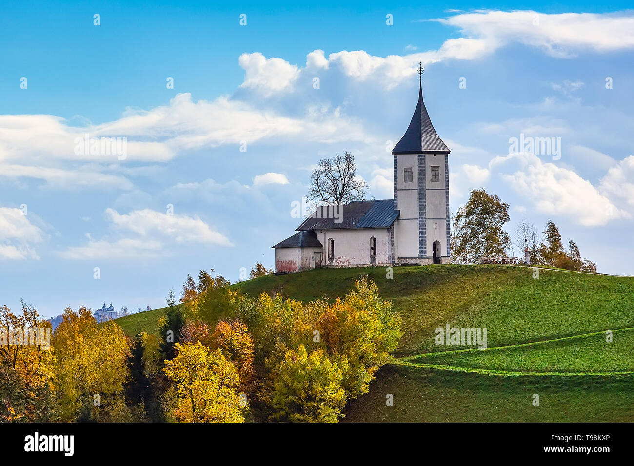 Autumn panorama with Saints Primus and Felician Church on top of hill ...