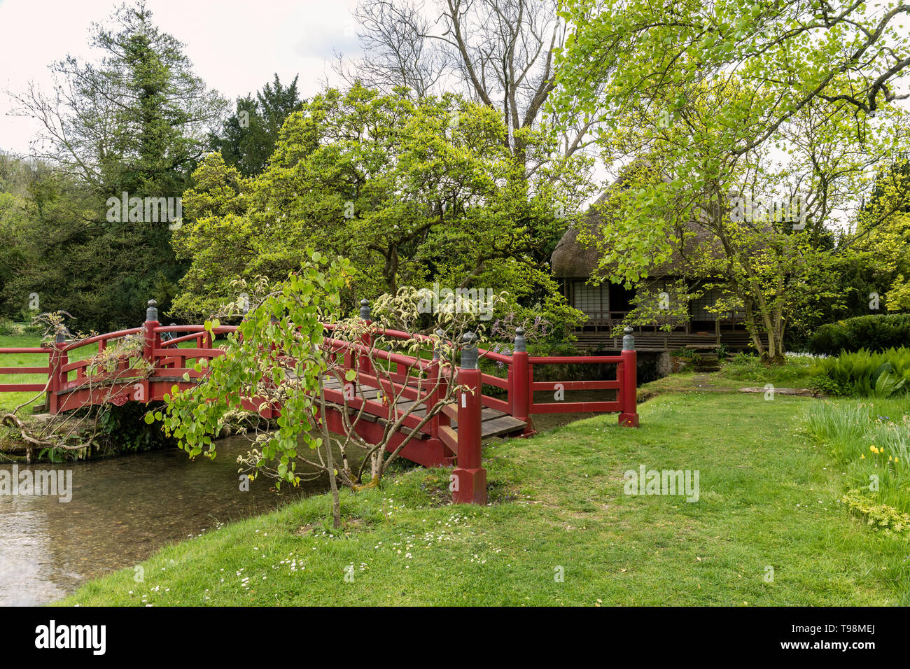 Red wooden pedestrian bridge in the gardens of Heale House, Woodford ...
