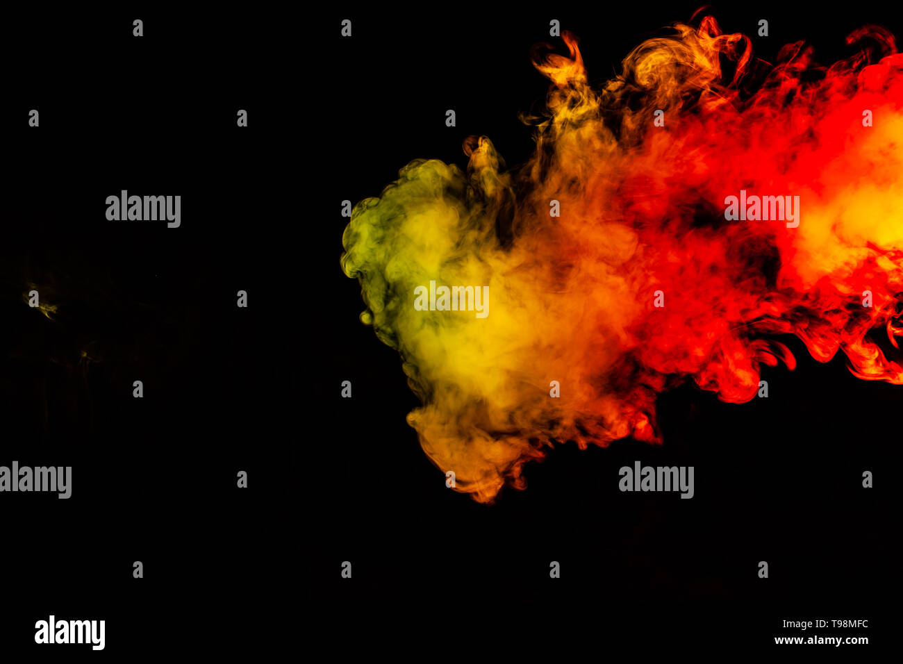 Beautiful horizontal column of smoke in the neon bright light of red ...