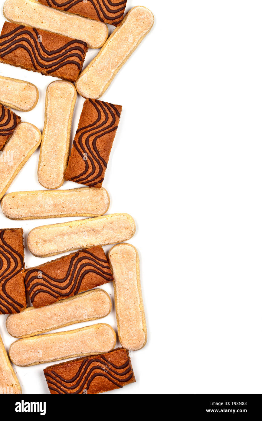 Savoiardi cookies and cake bars with dark chocolate isolated on white ...