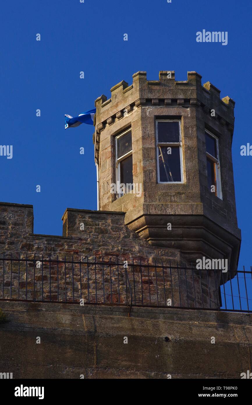 Crail Castle Wall and Lookout Tower with the Scottish Saltire on a ...