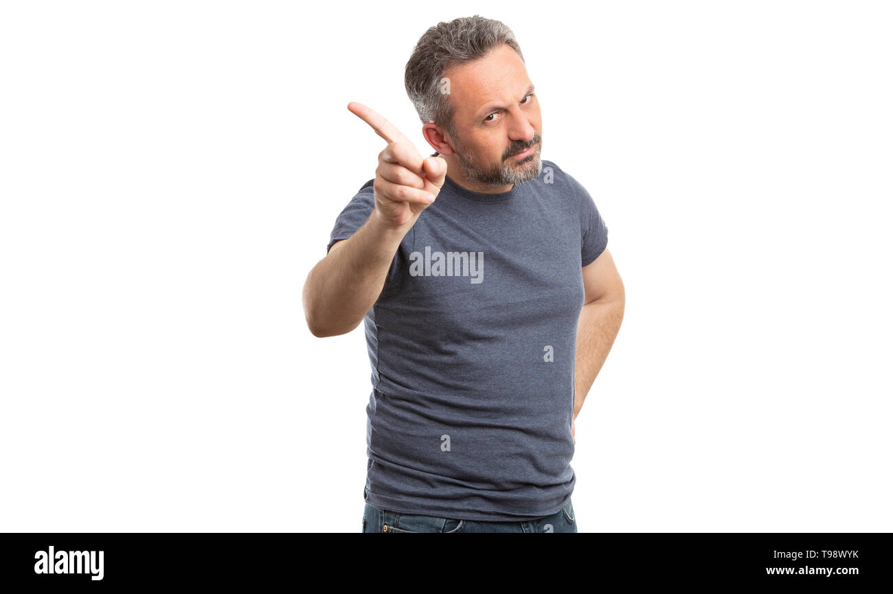 Angry man making not allowed gesture with index finger as problem ...
