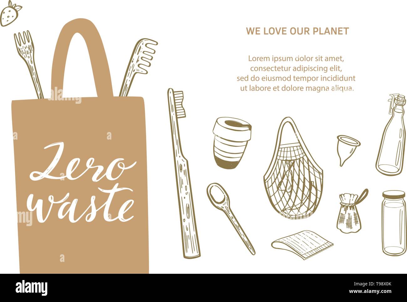 Zero waste vector hand drawn infographic background.Collection of eco ...
