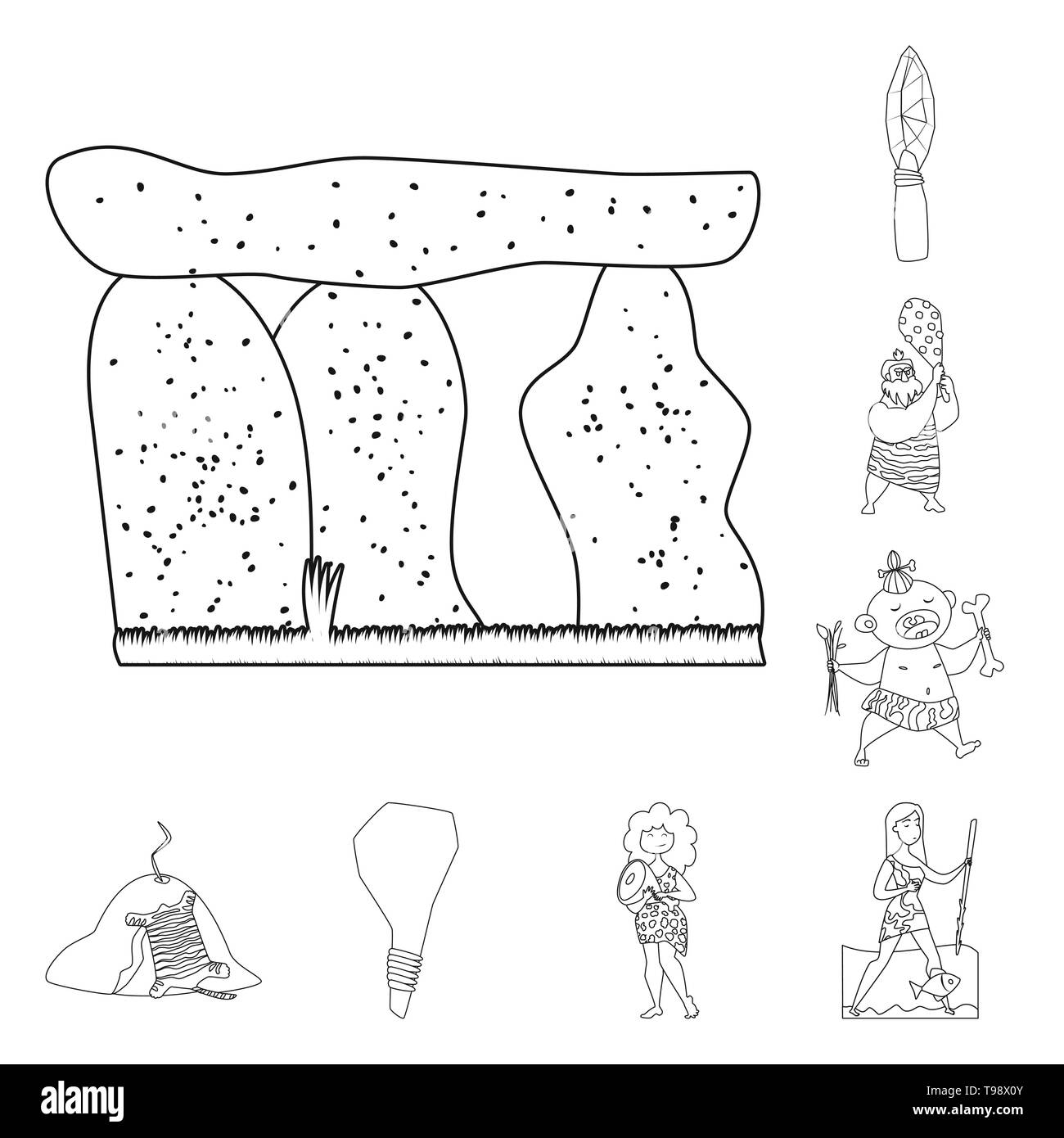 Vector illustration of primitive and archeology sign. Set of primitive ...