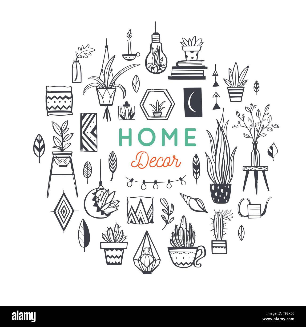 Cozy interior decor Vector elements . Hand drawn house plants and ...
