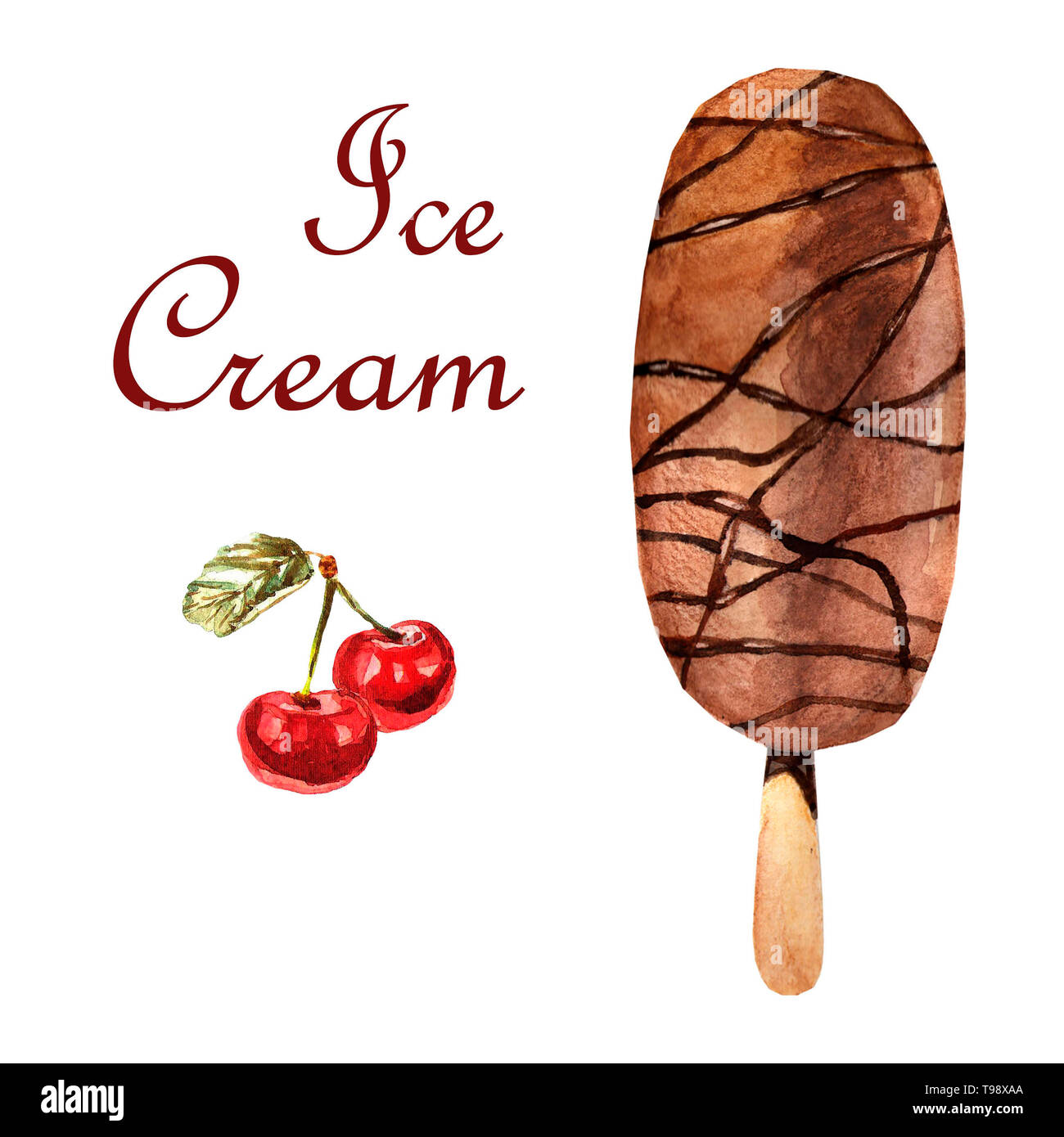 Watercolor summer food illustration. A delicious eskimo with chocolate ...