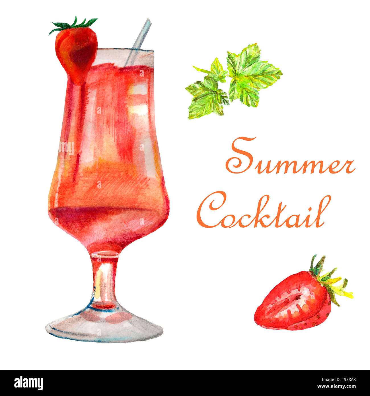 Watercolor summer illustration. Delisious cocktail with strawberry ...