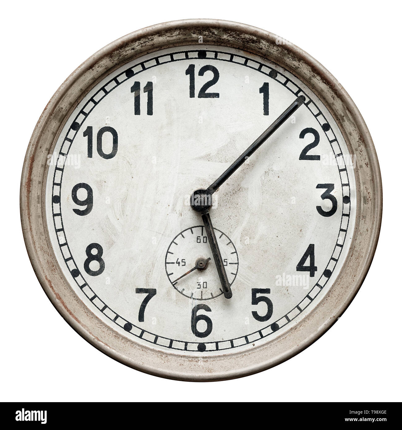 Isolated object: old rusty round wall clock, close-up shot, on white ...