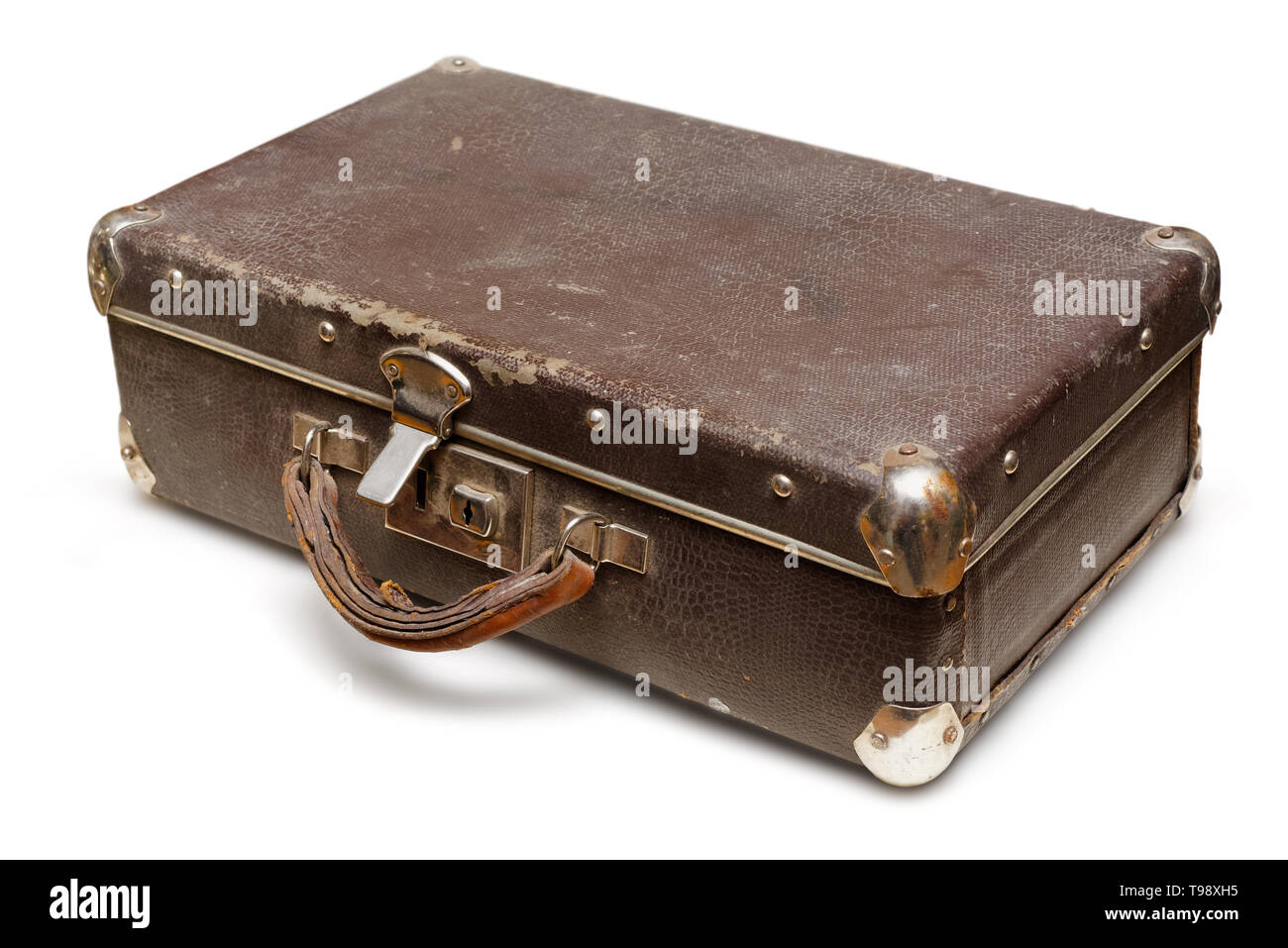 Isolated object: old shabby suitcase, close-up shot, on white ...