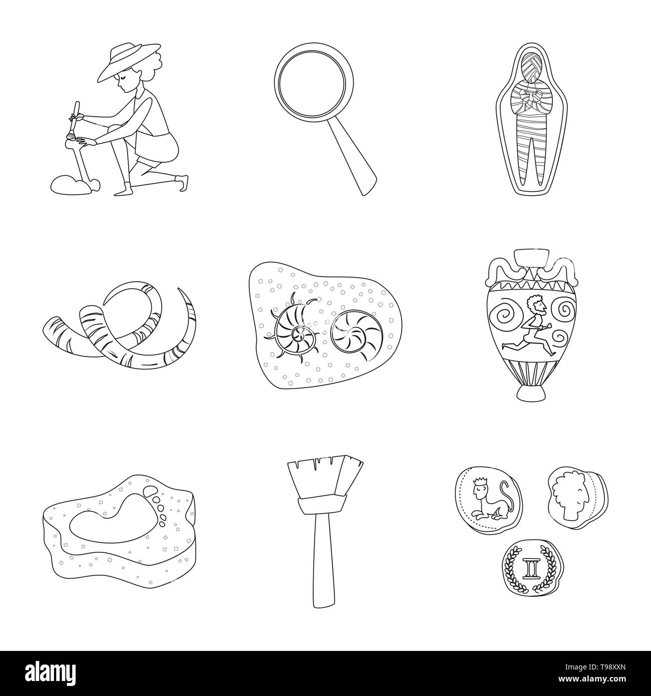 archaeologist,lens,mummy,horn,rock,amphora,brush,coins,girl,glass ...