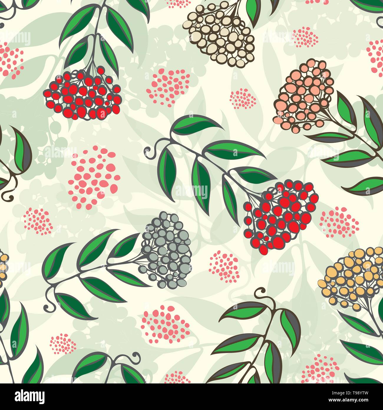 Christmas rowan tree branches with red, gold, silver berries. Seamless ...