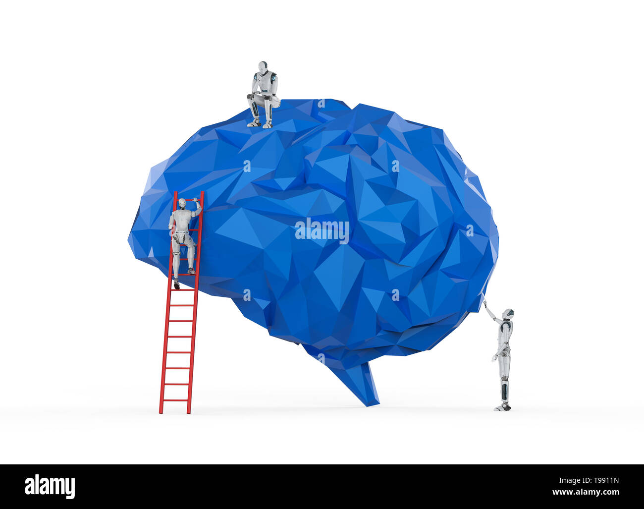 Machine learning concept with 3d rendering robot with polygonal brain ...