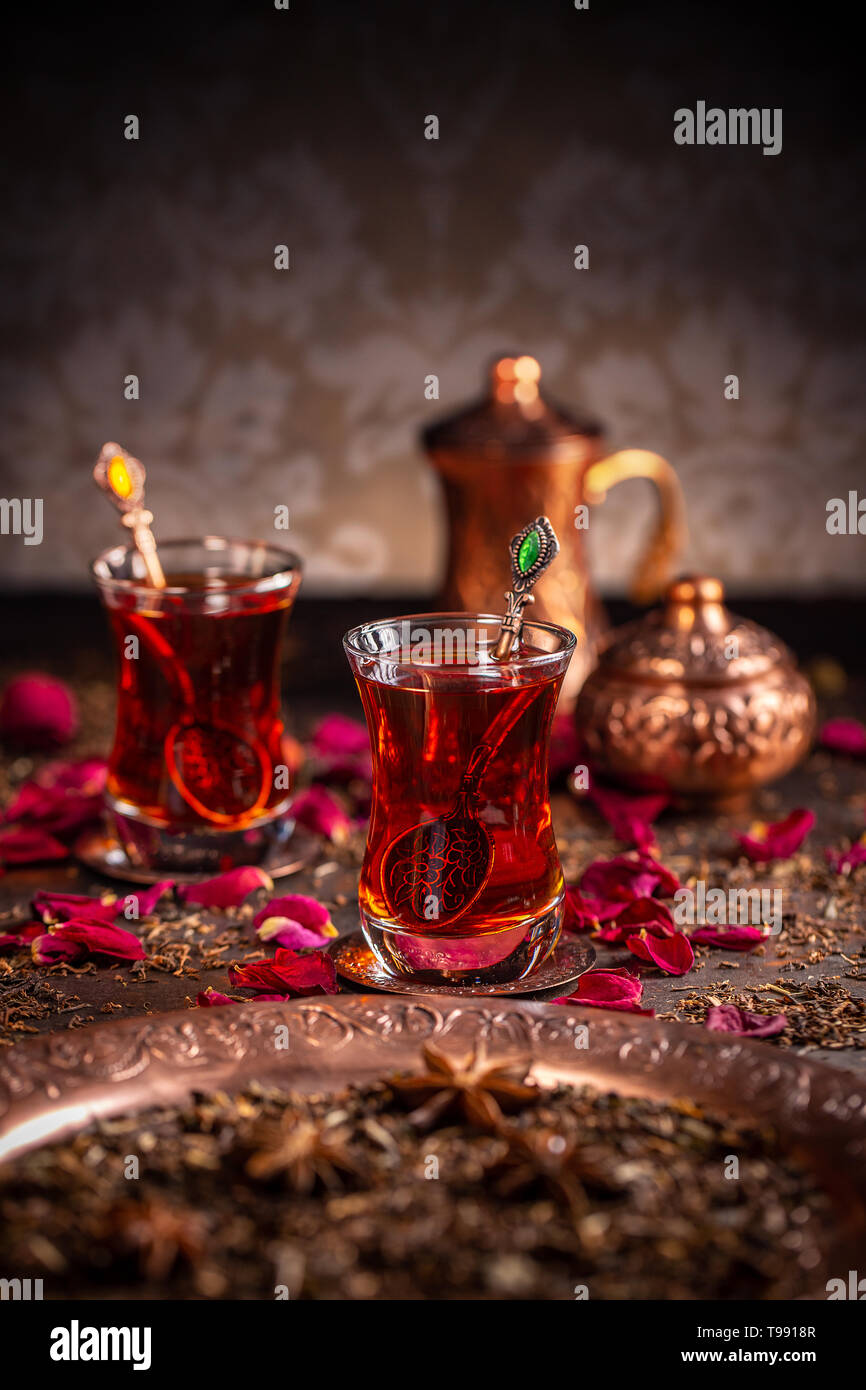 Turkish tea served in traditional glasses Stock Photo - Alamy