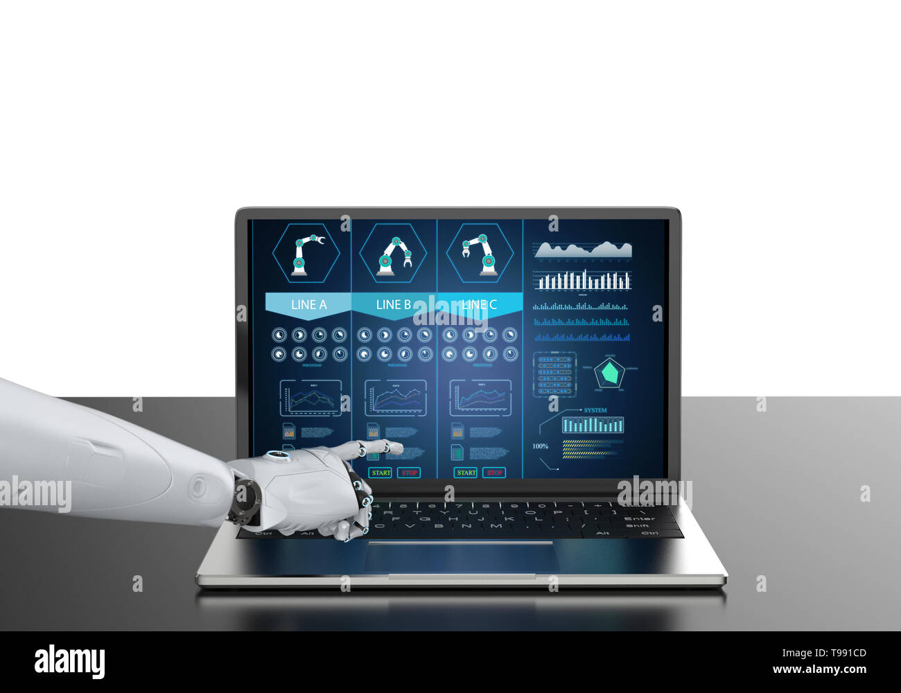 3d rendering robot working with notebook computer Stock Photo - Alamy