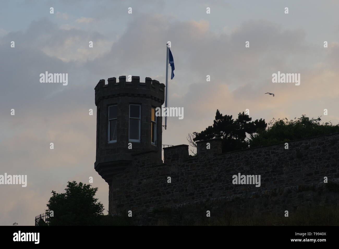Crail Castle Wall and Lookout Tower with the Scottish Saltire on a ...
