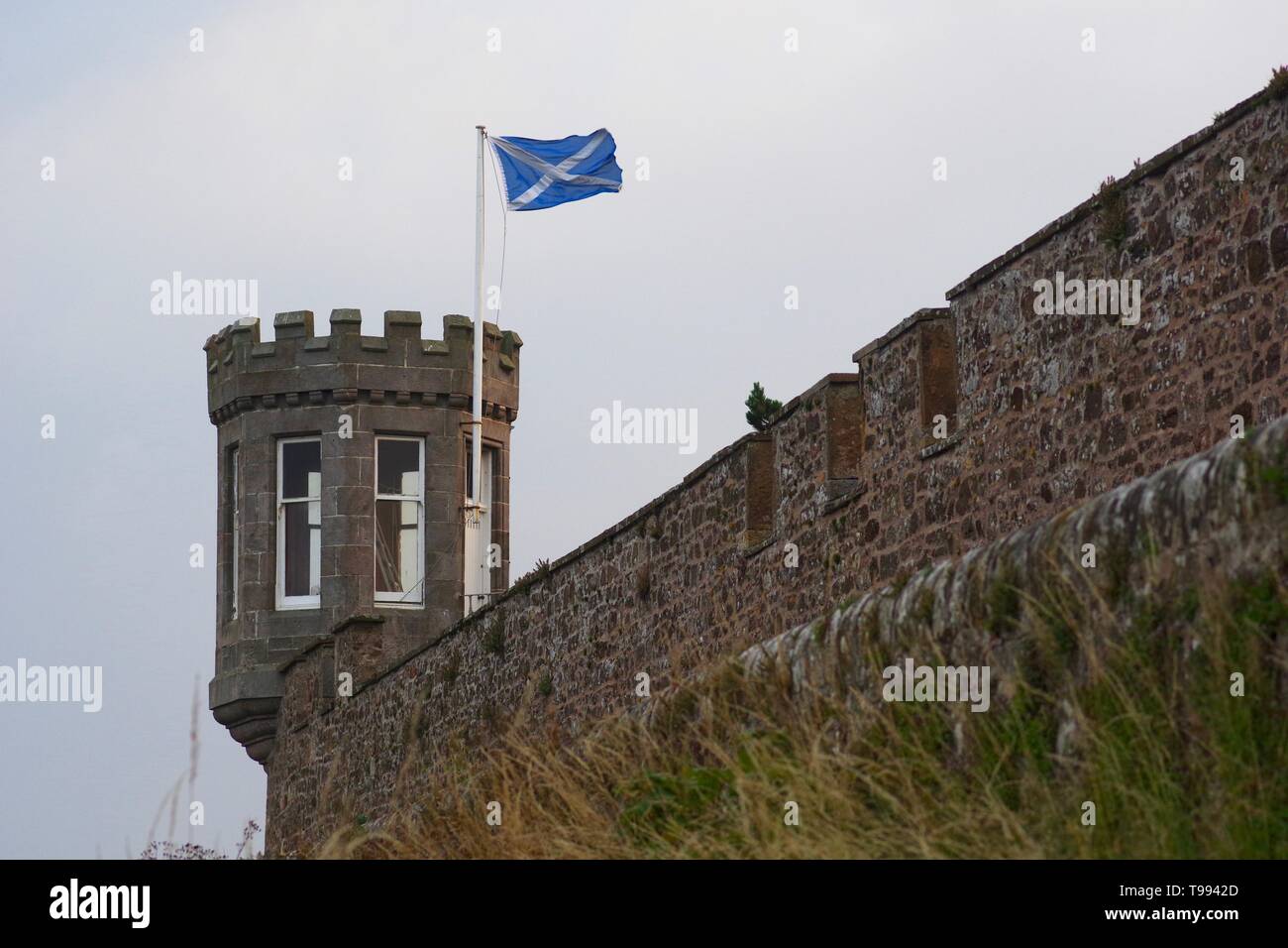 Crail Castle Wall and Lookout Tower with the Scottish Saltire on a ...