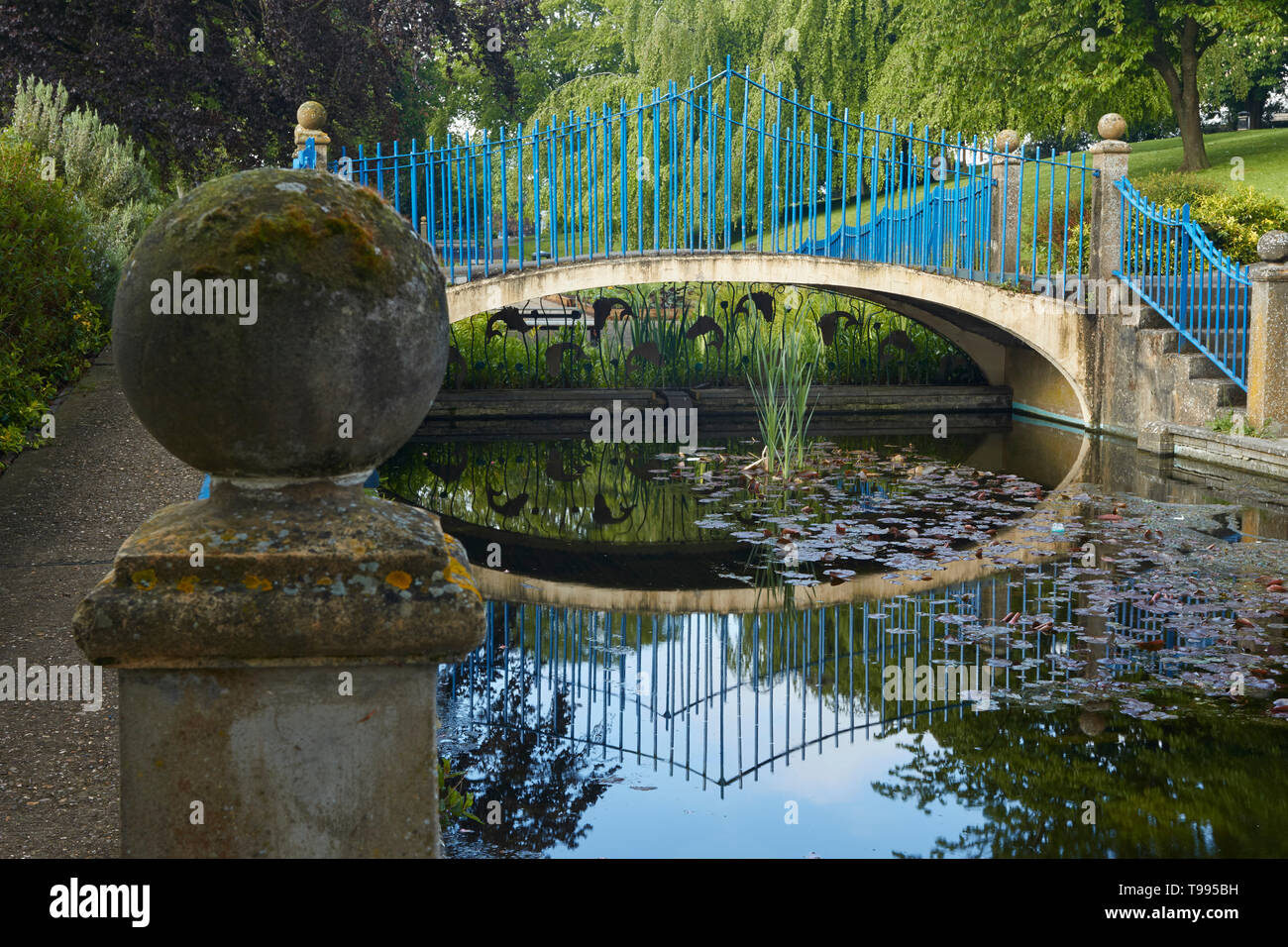 Blue bridge over Abbey Park lake in Evesham, England, United Kingdom ...