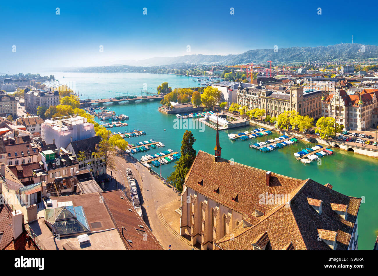 Zurich lake and Limmat river waterfront aerial panoramic view, largest ...