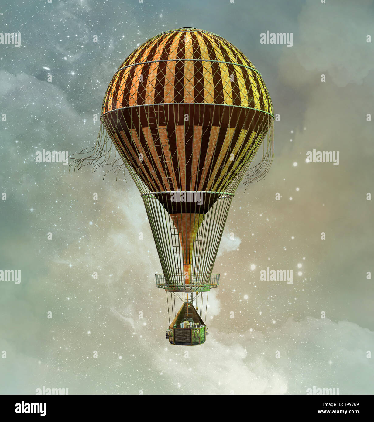Fantasy hot air balloon in the enchanted starry sky Stock Photo - Alamy
