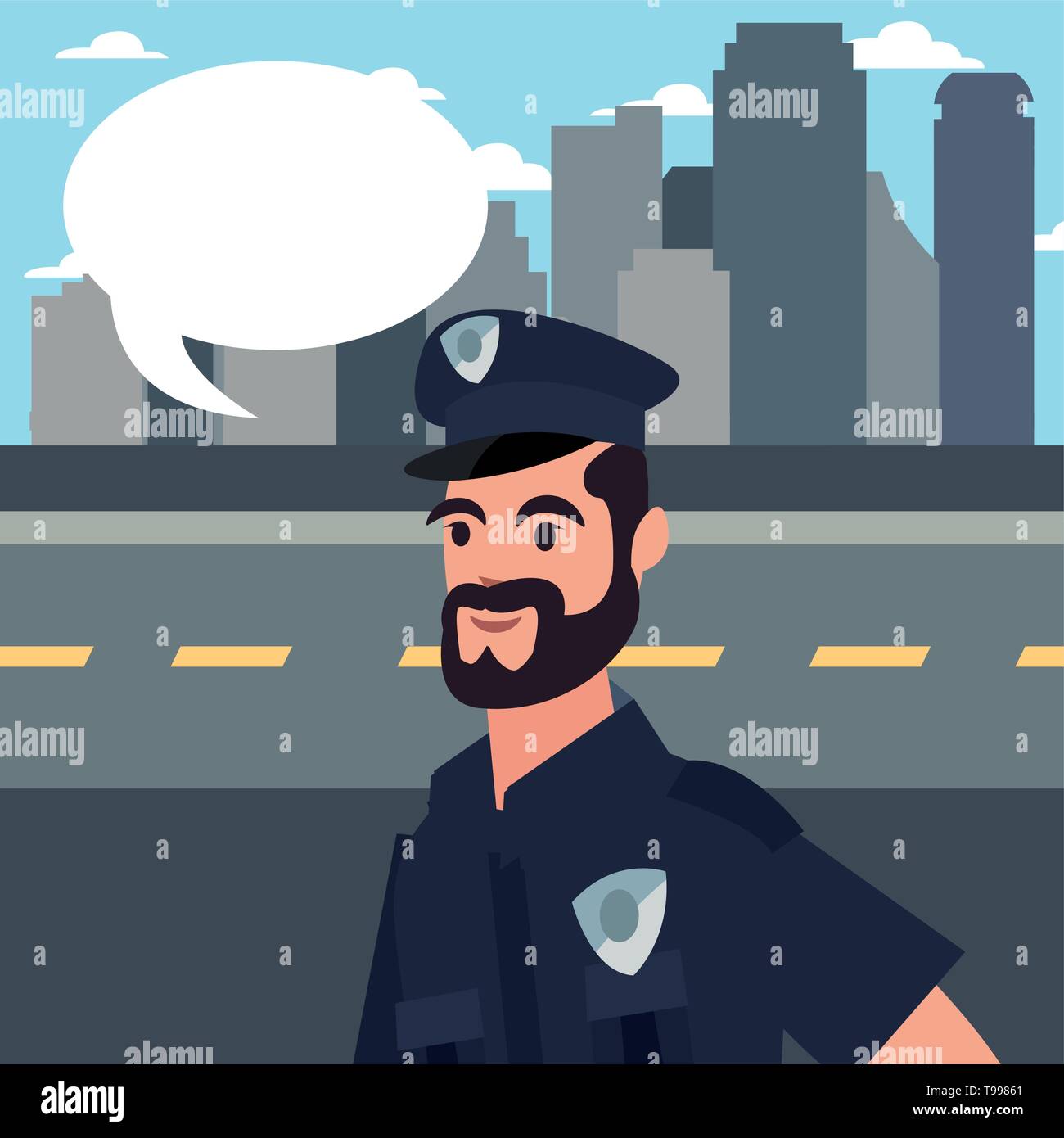 policeman speech bubble city street road building background vector ...