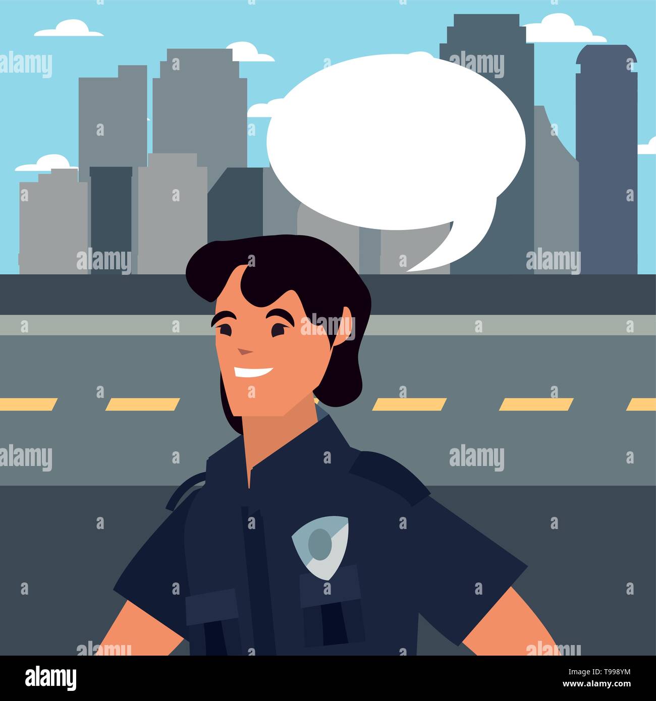 policeman speech bubble city street road building background vector ...