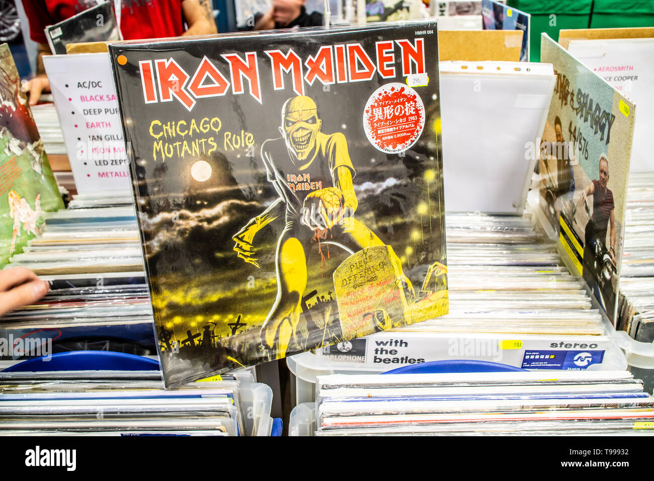 Nadarzyn, Poland, May 11, 2019 Iron Maiden vinyl album on display for ...