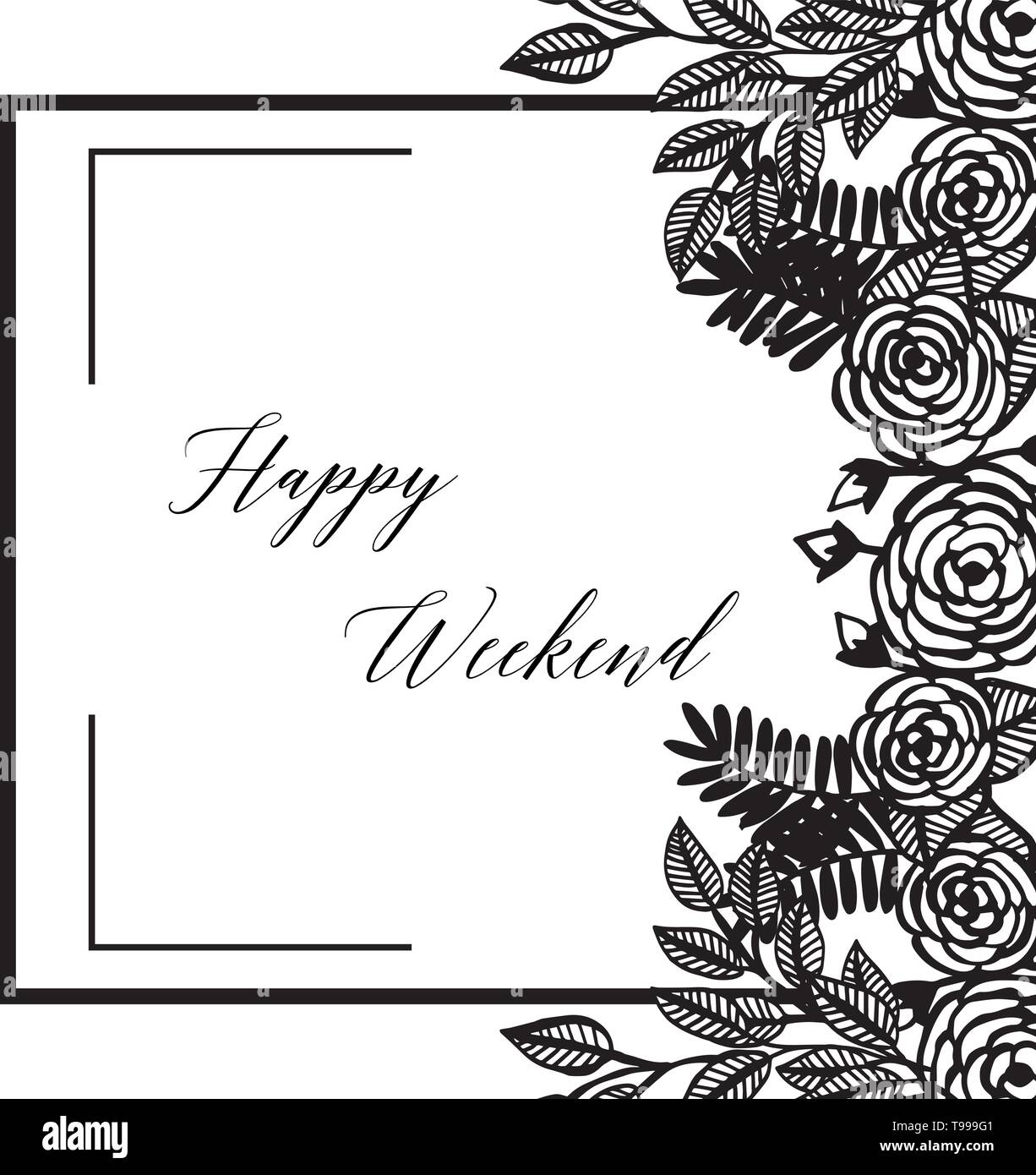 Vector illustration drawing flower frame with banner happy weekend hand ...