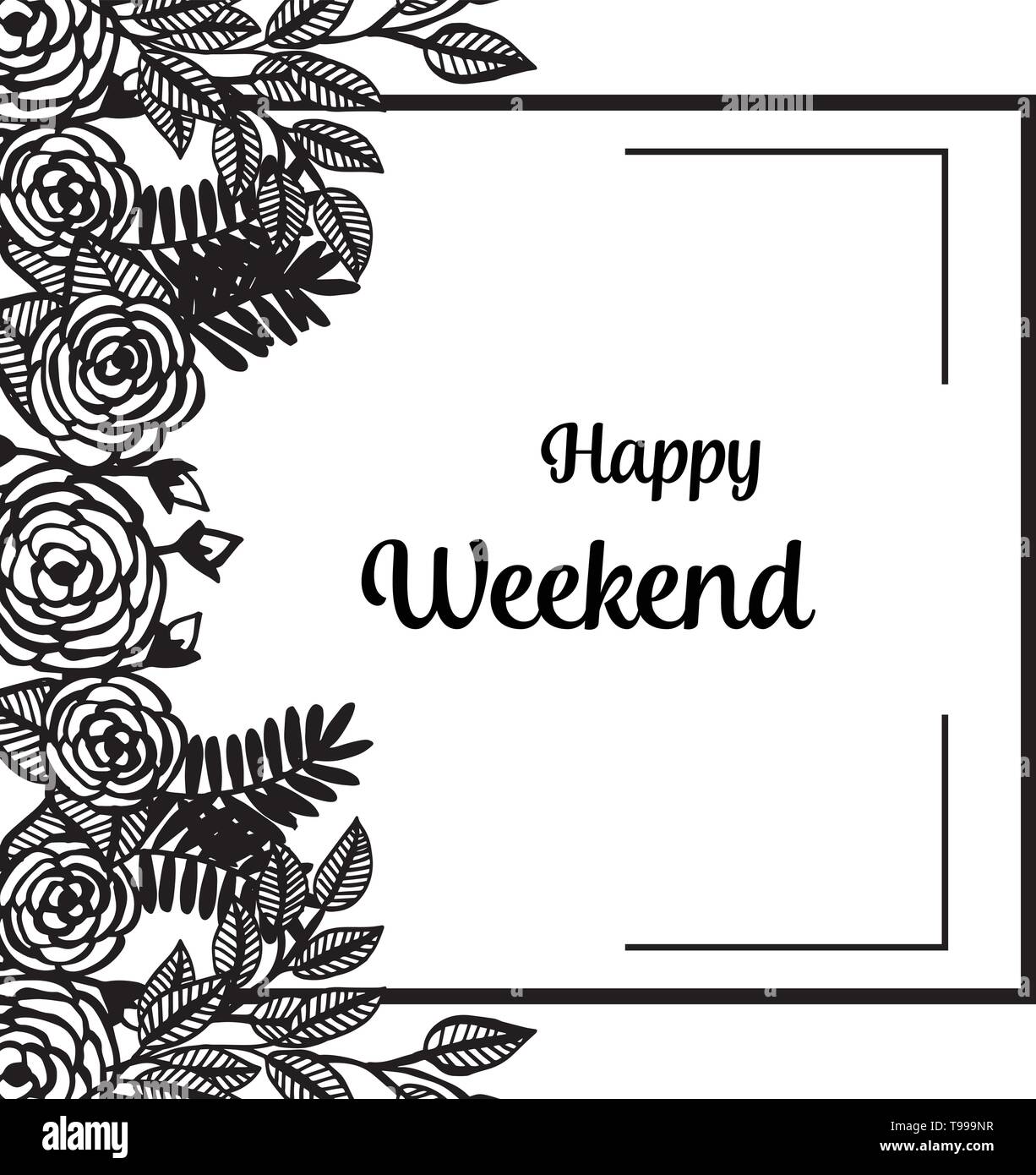 Vector illustration drawing flower frame with banner happy weekend hand ...