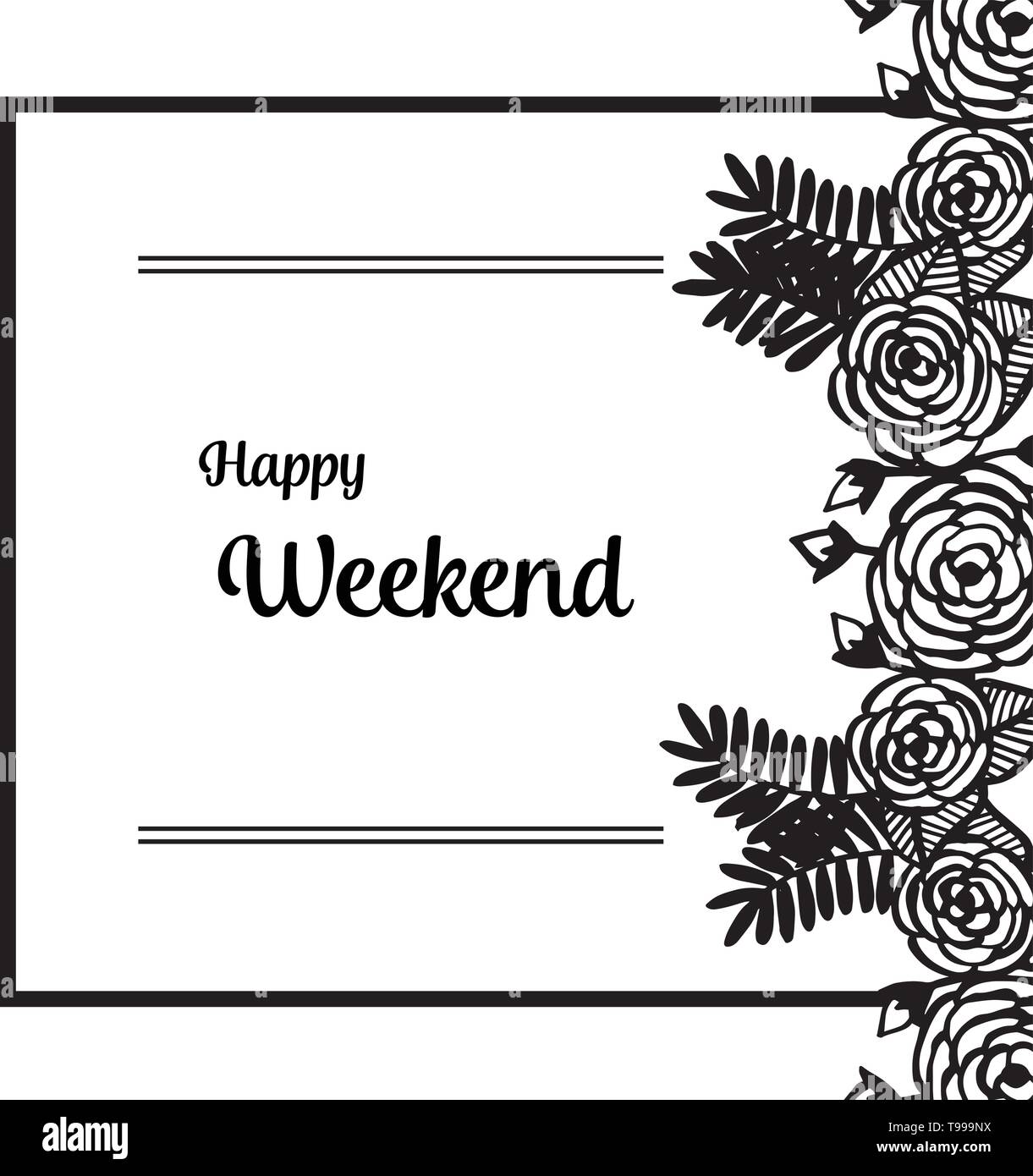 Vector illustration drawing flower frame with banner happy weekend hand ...