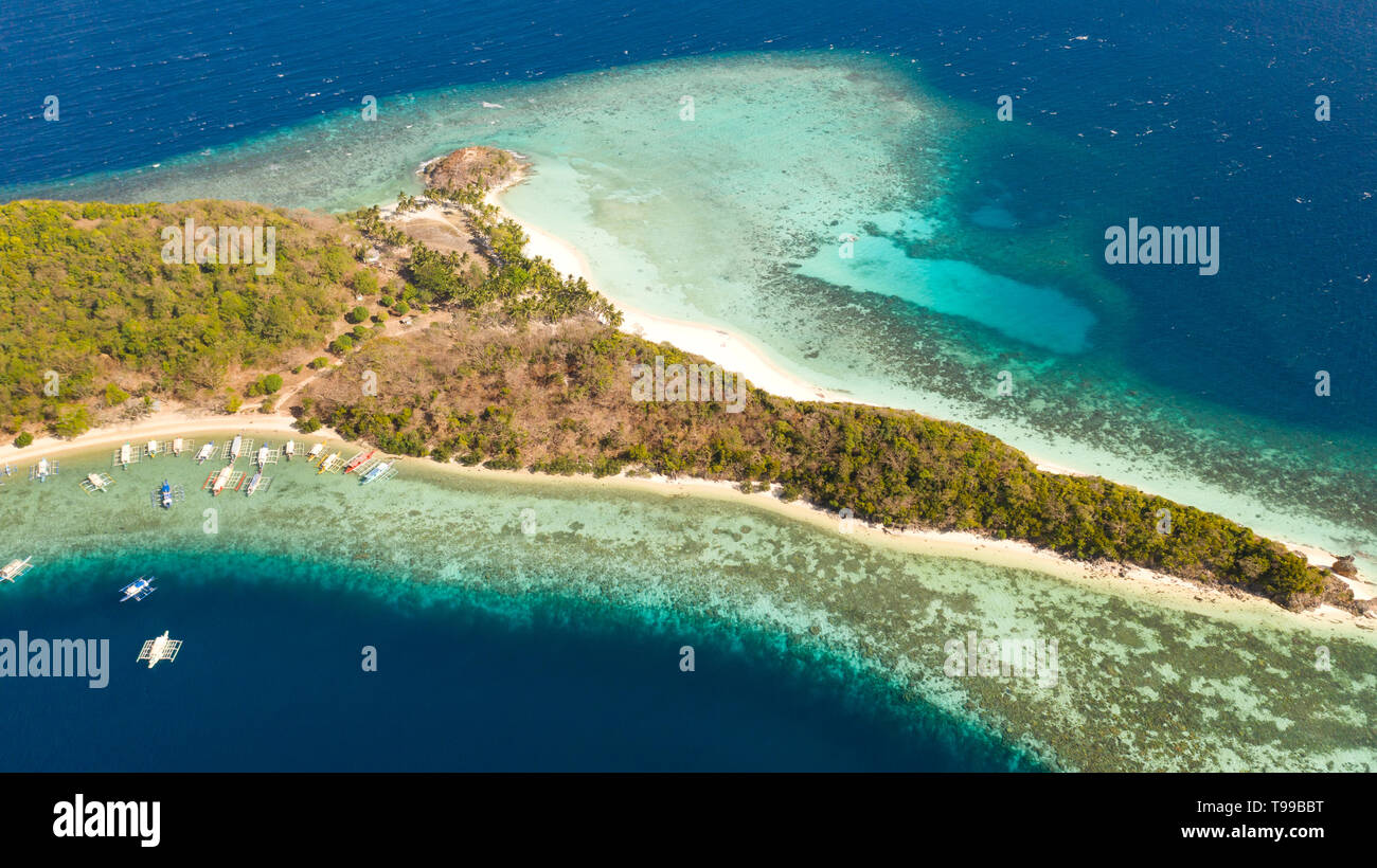 aerial seascape tourists enjoy the tropical beach. tropical island with ...