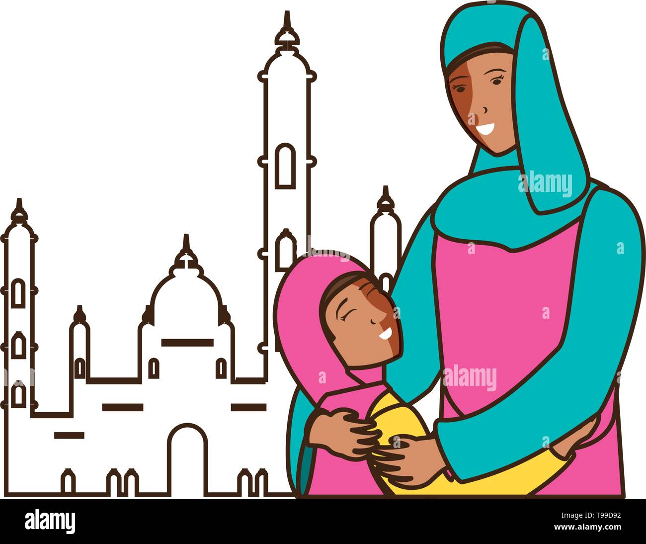 islamic mother with daughter in mosque castle vector illustration ...