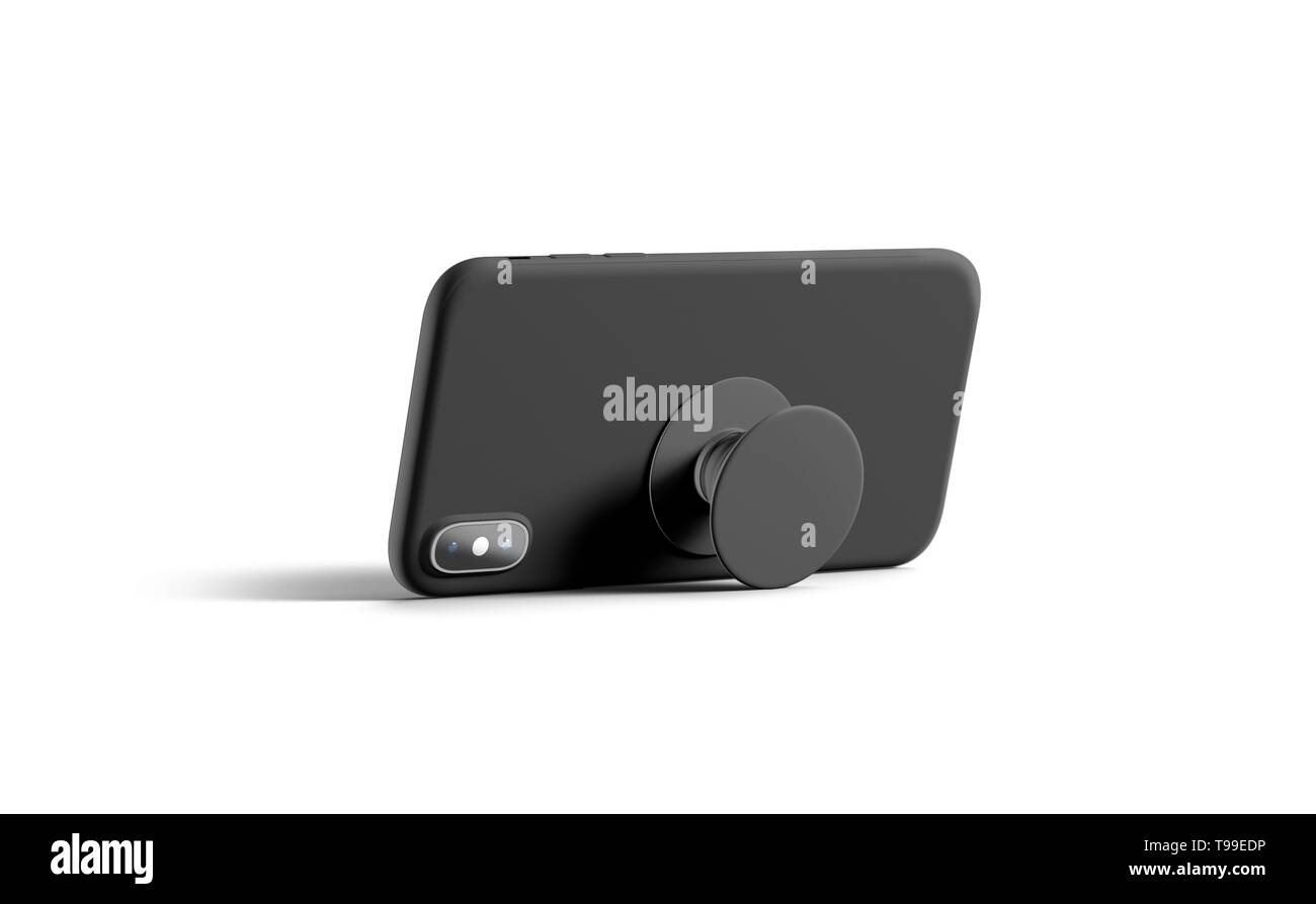 Blank black phone popsocket sticked on cellphone mockup, lying isolated ...