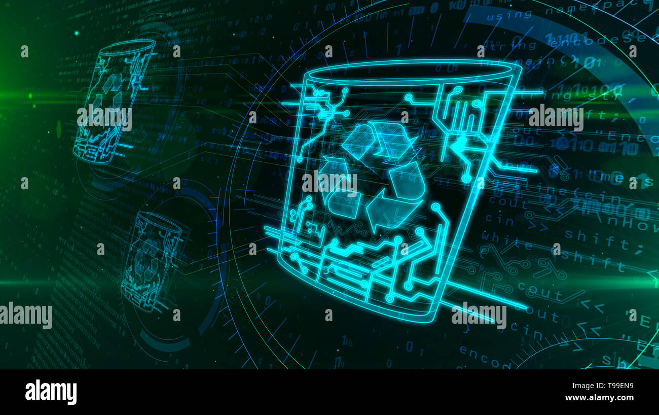 Computer trash symbol on dynamic digital background. Glowing digital ...